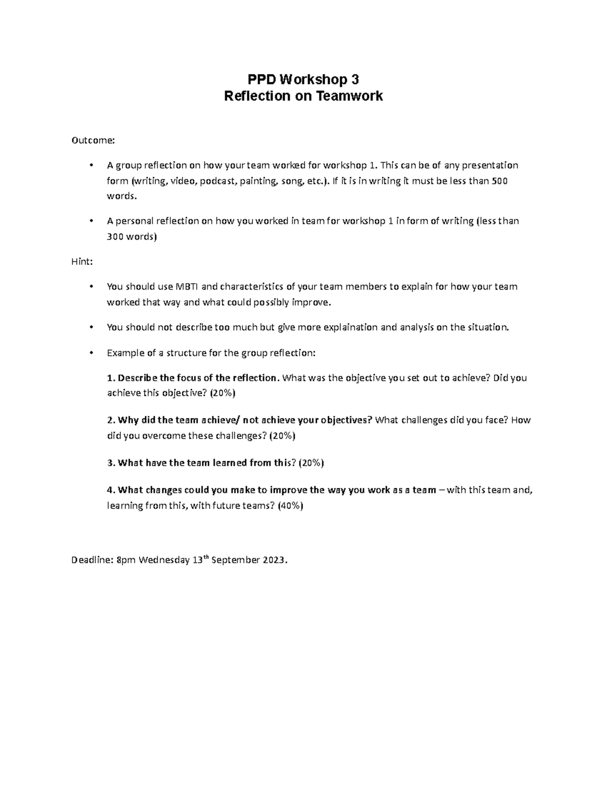 Ws3 teamwork reflection - PPD Workshop 3 Reflection on Teamwork Outcome ...
