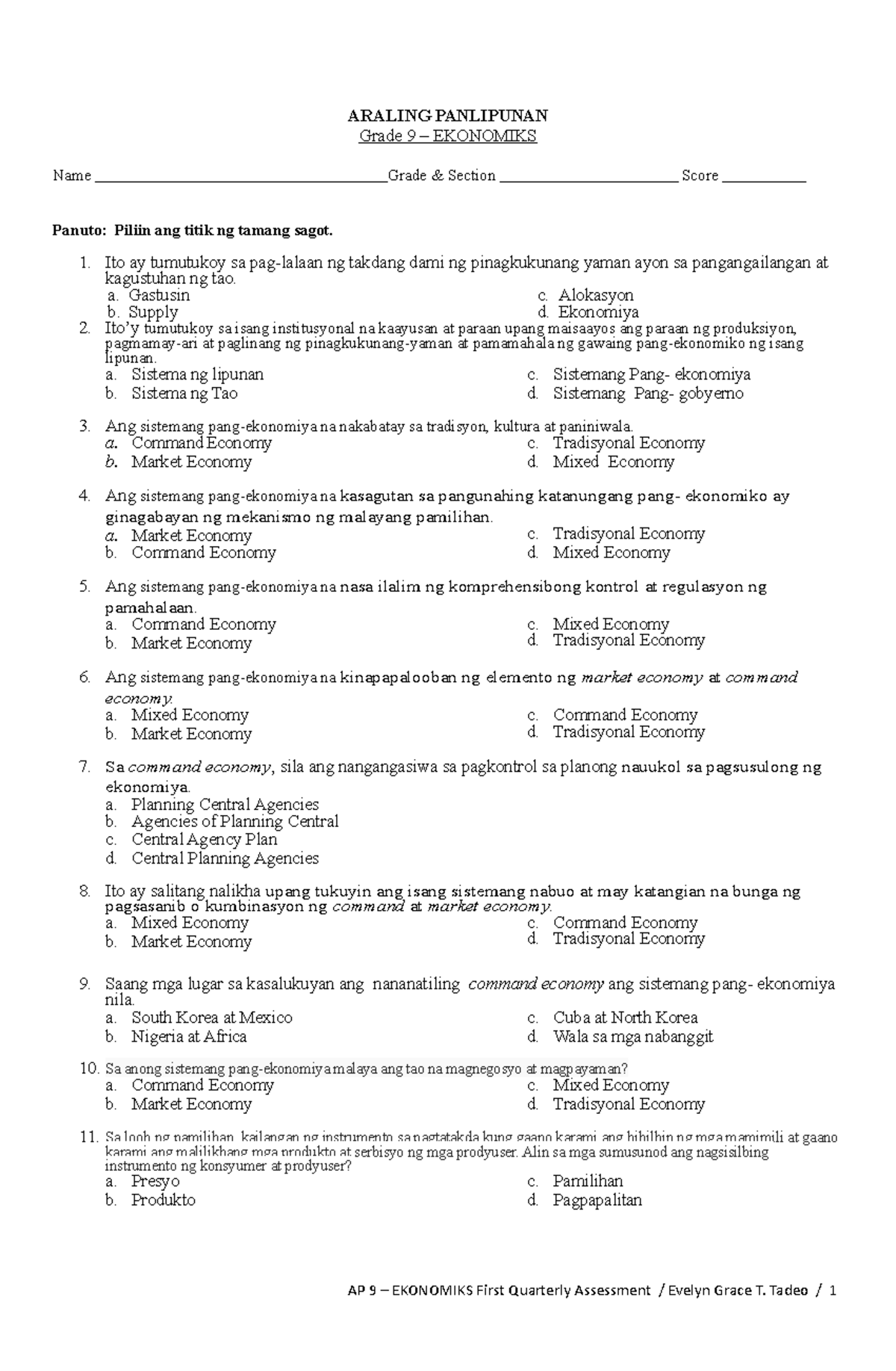 Ap 9 exam first gradingdocx - AP 9 – EKONOMIKS First Quarterly ...