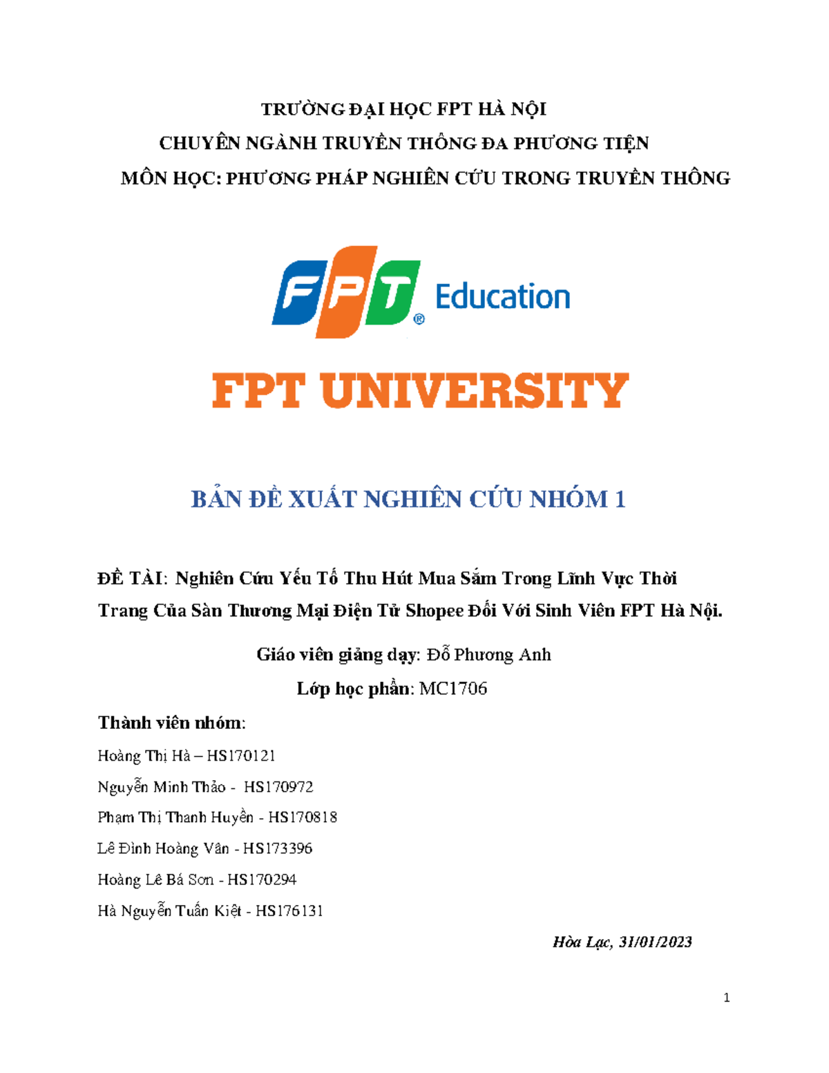 Bản-proposal-final - 1234567890 - TRƯỜ NG ĐẠ I HỌ C FPT HÀ NỘ I CHUYÊN ...