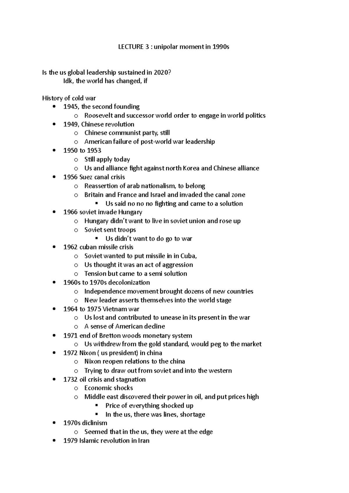 Lecture 3 - LECTURE 3 : unipolar moment in 1990s Is the us global ...