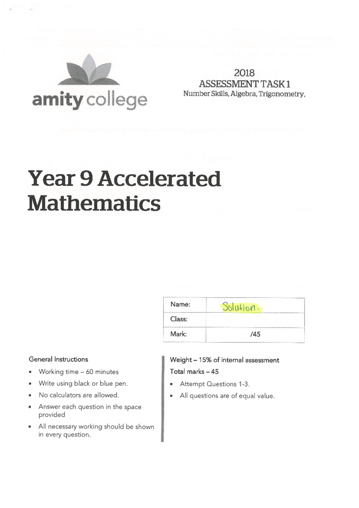 2018 9ACC MAT Task 01 Solutions - 2018 ASSESSMENT TASK 1 amity college ...