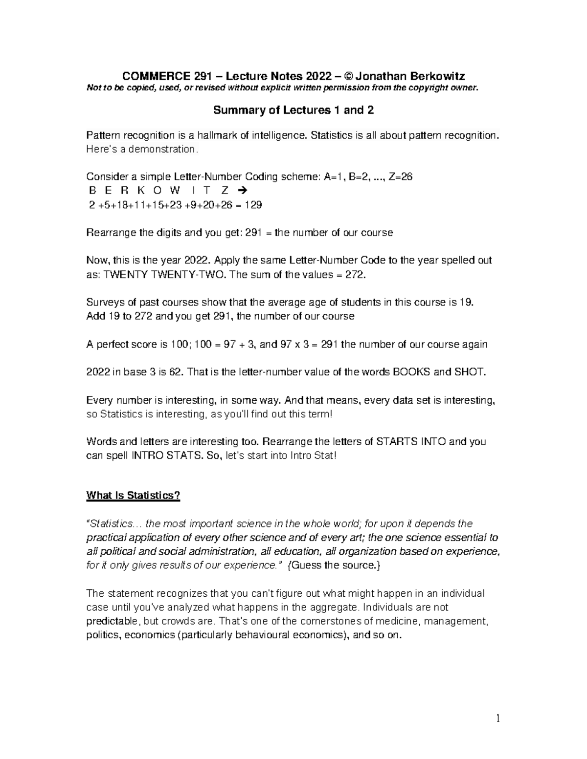 2022 COMM 291 Week 1 LECTURE 1-2 NOTES - COMMERCE 291 – Lecture Notes ...
