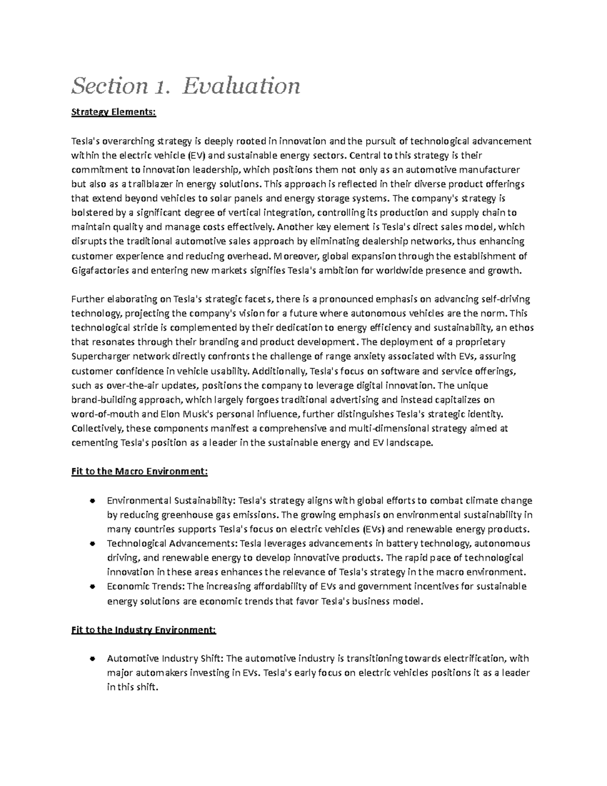 Individual Case Analysis - Tesla - Section 1. Evaluation Strategy ...