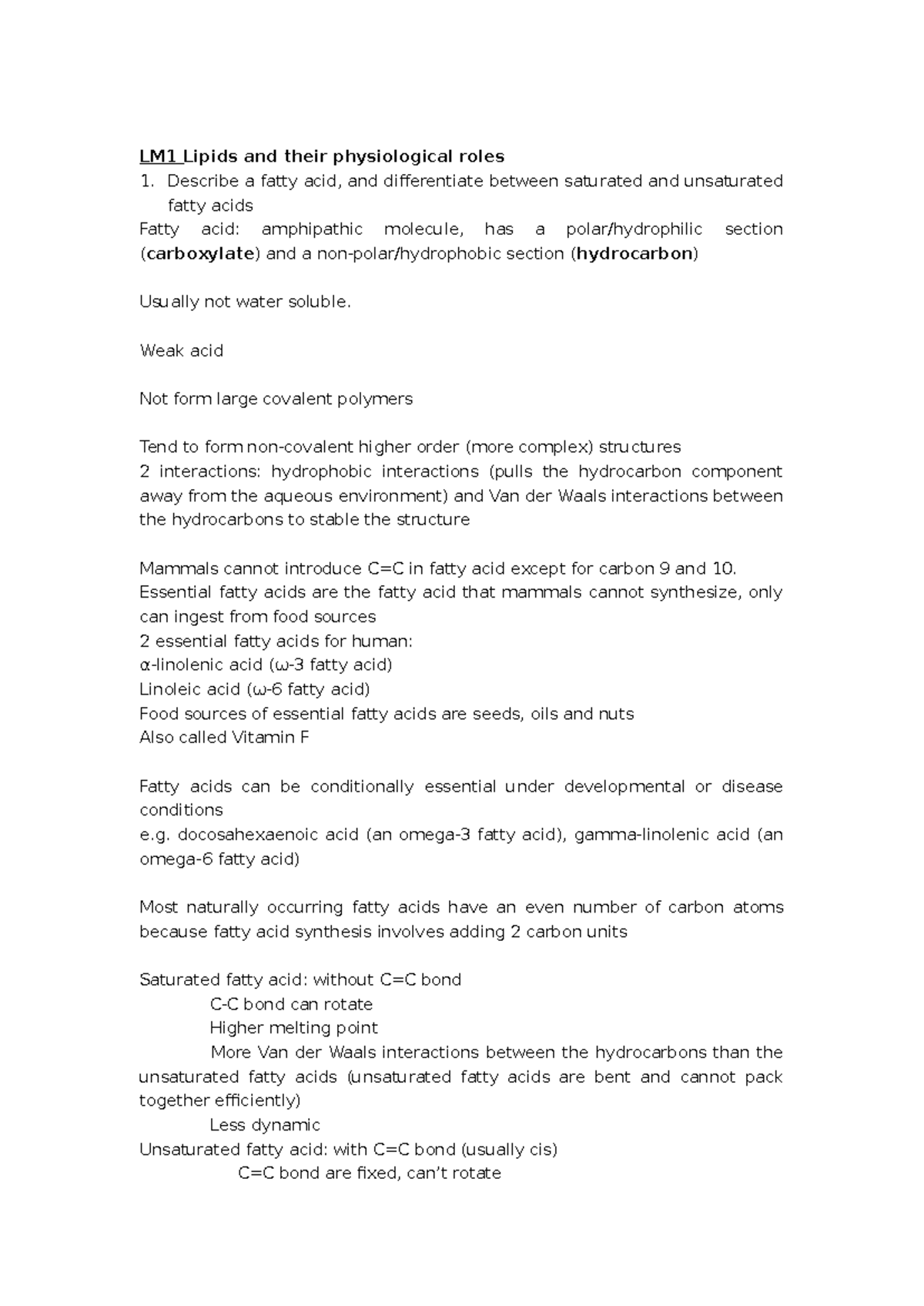 Lip Note - LM1 Lipids and their physiological roles Describe a fatty ...
