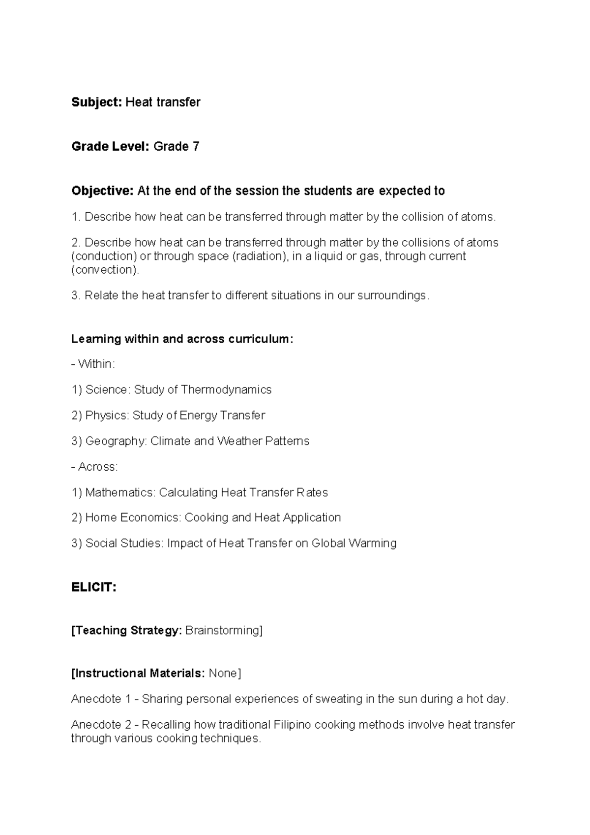 Lesson plan - lp lect - Subject: Heat transfer Grade Level: Grade 7 ...