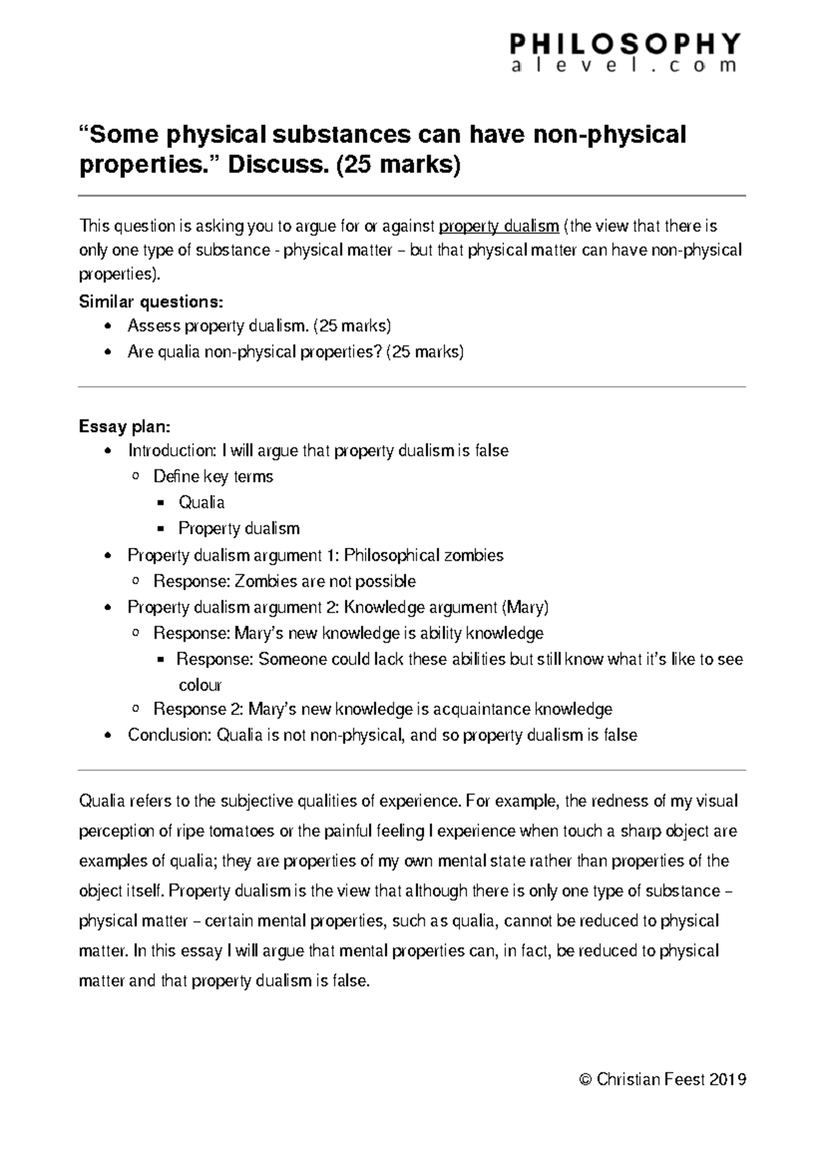 Essay plan prop dualism - “Some physical substances can have non ...