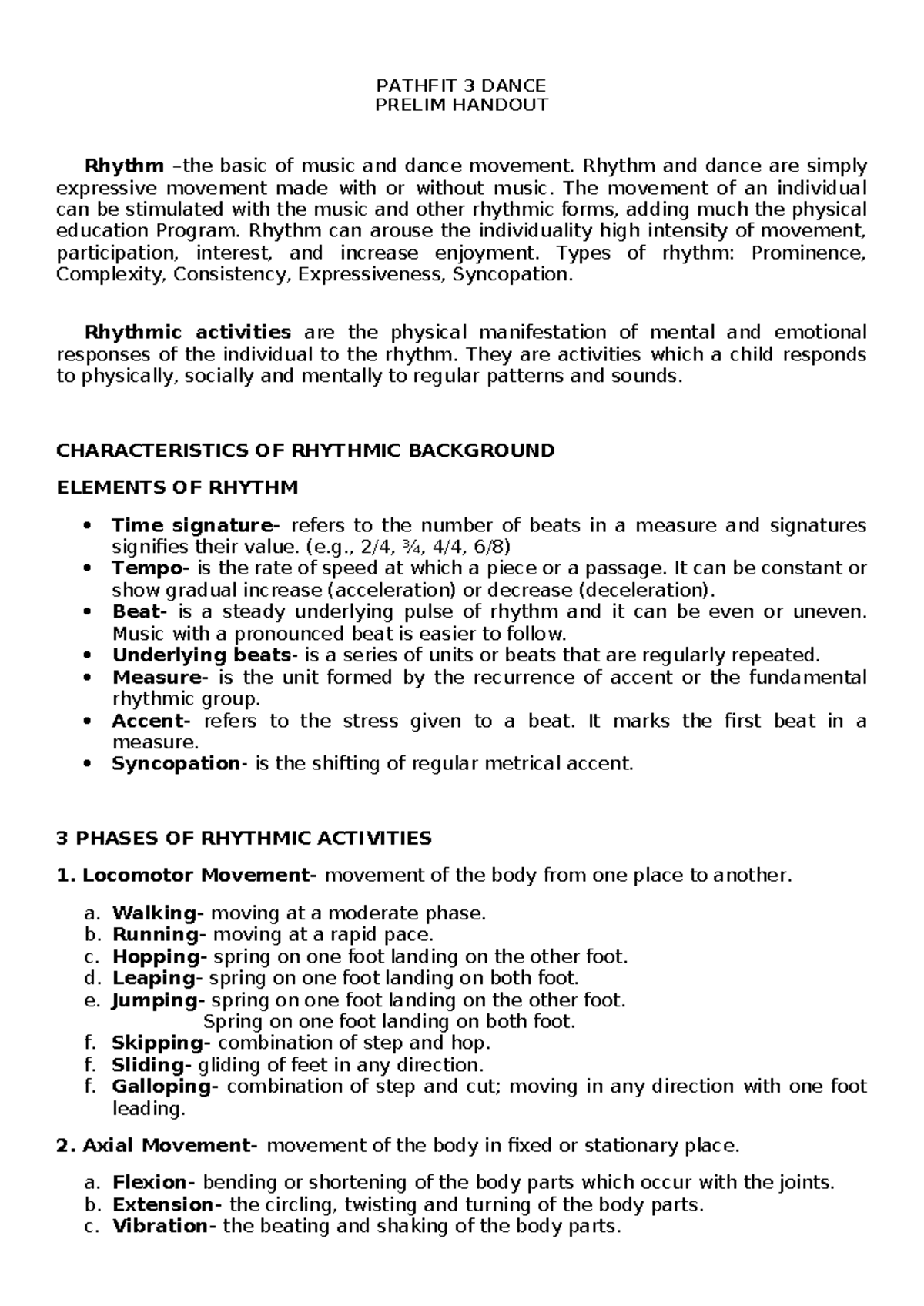 Pathfit 3 Dance Prelim Handouts - PATHFIT 3 DANCE PRELIM HANDOUT Rhythm ...