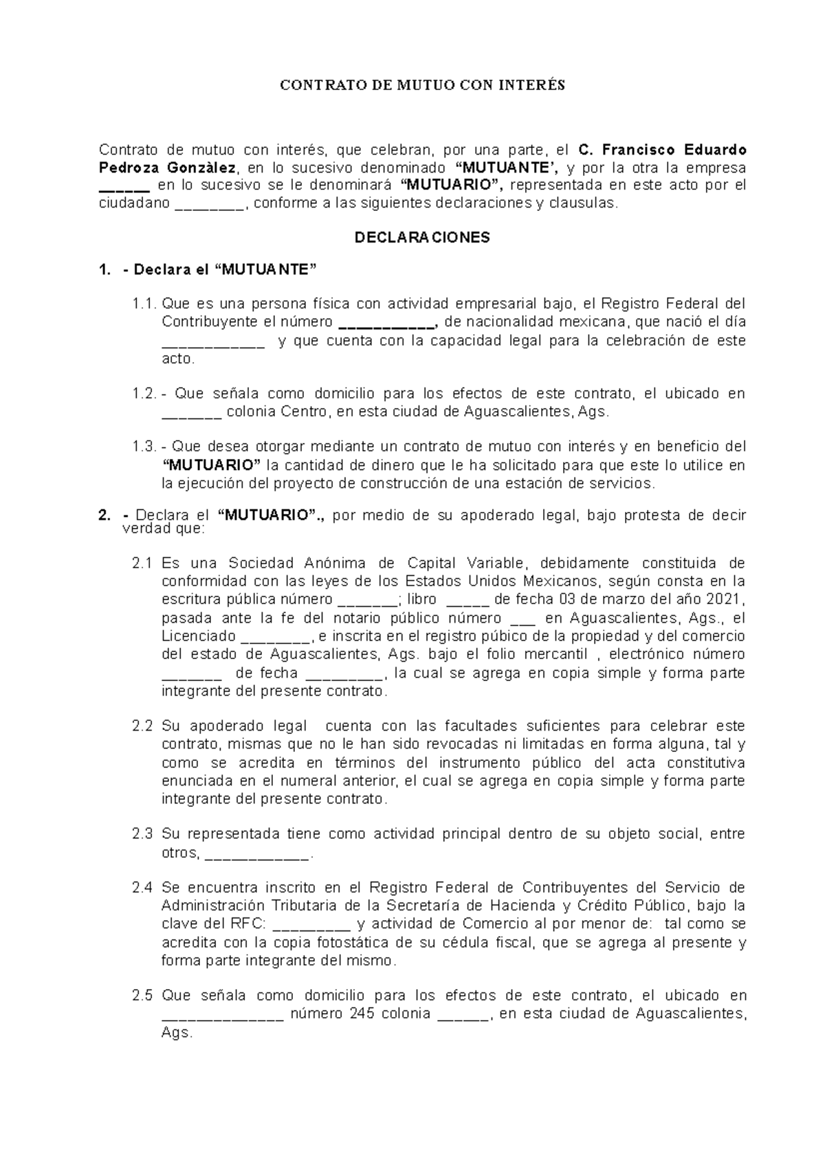 Contrato de mutuo con interesPARA PRESTAMO CON INTERESES - CONTRATO DE ...