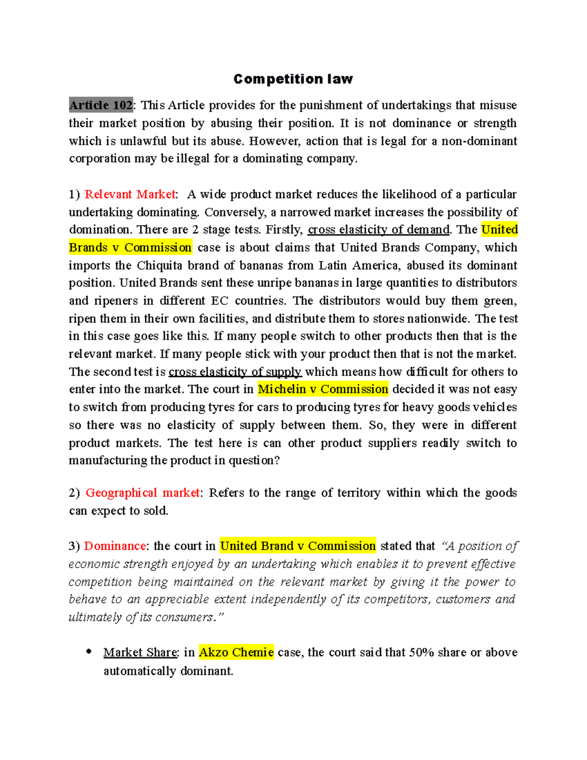 Competition law notes for exam - Competition law Article 102: This ...