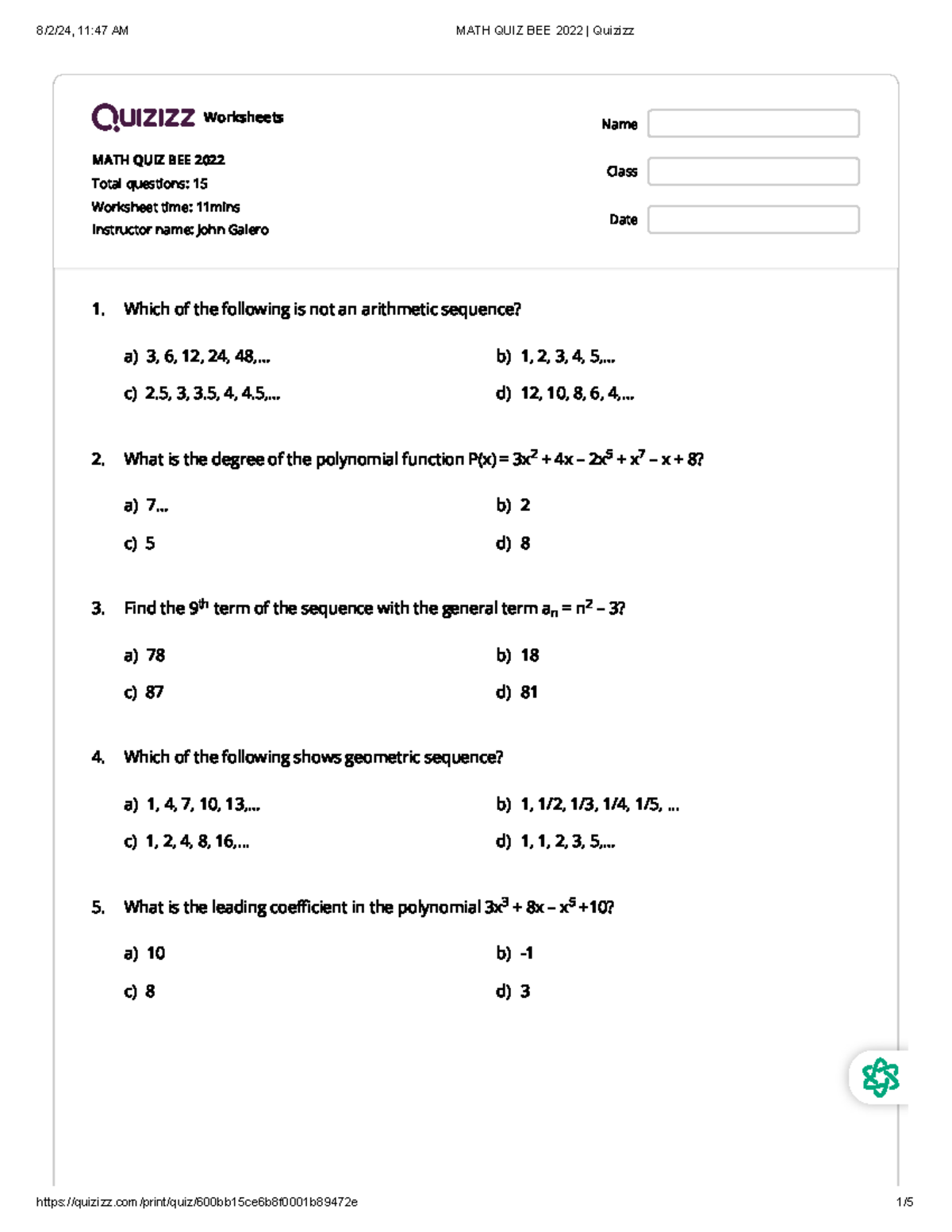 Practice Questions w/ Answer Key - Worksheets MATH QUIZ BEE 2022 Total questions: 15 Worksheet ...