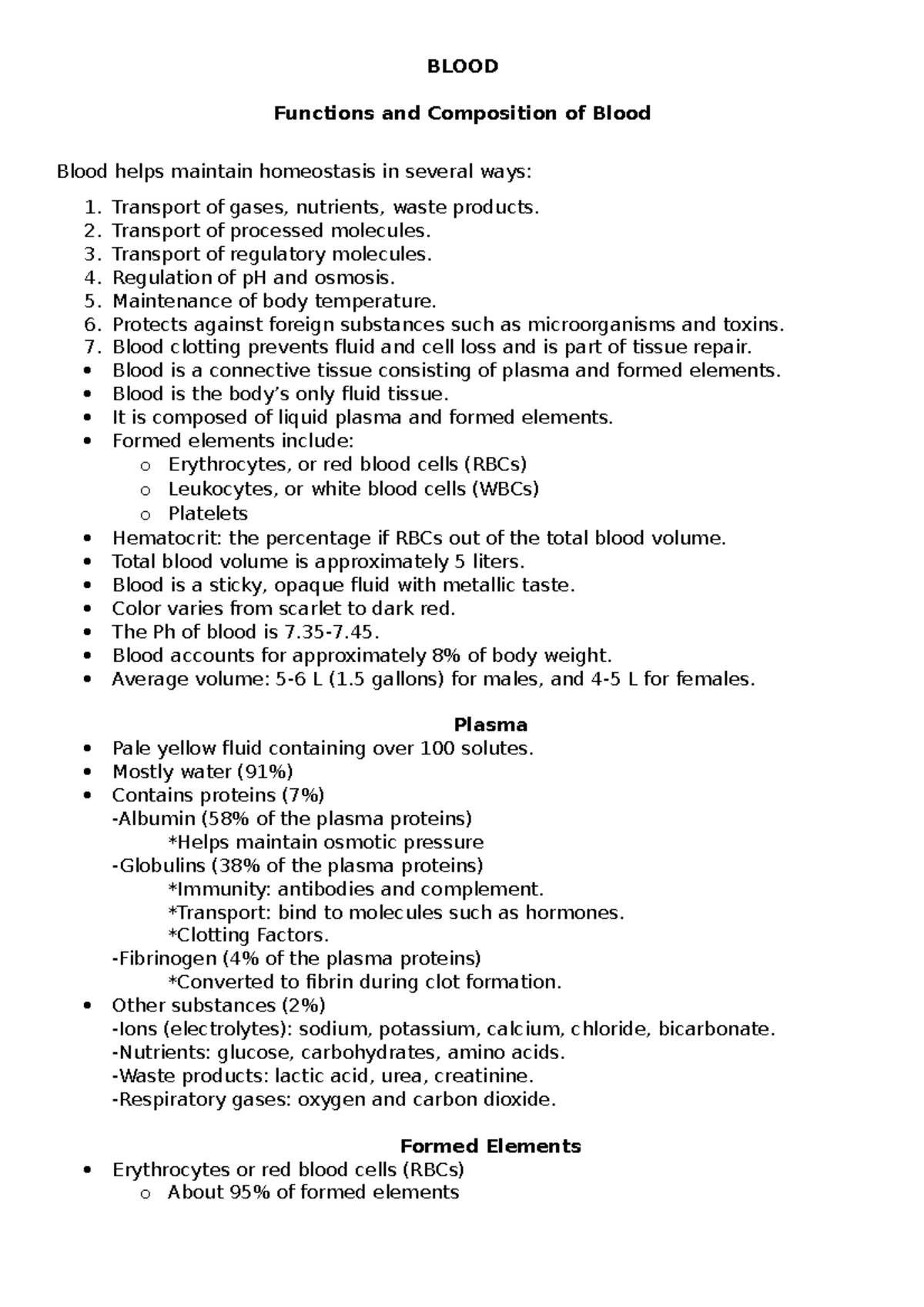 Blood Notes - This will be helpful. - BLOOD Functions and Composition ...