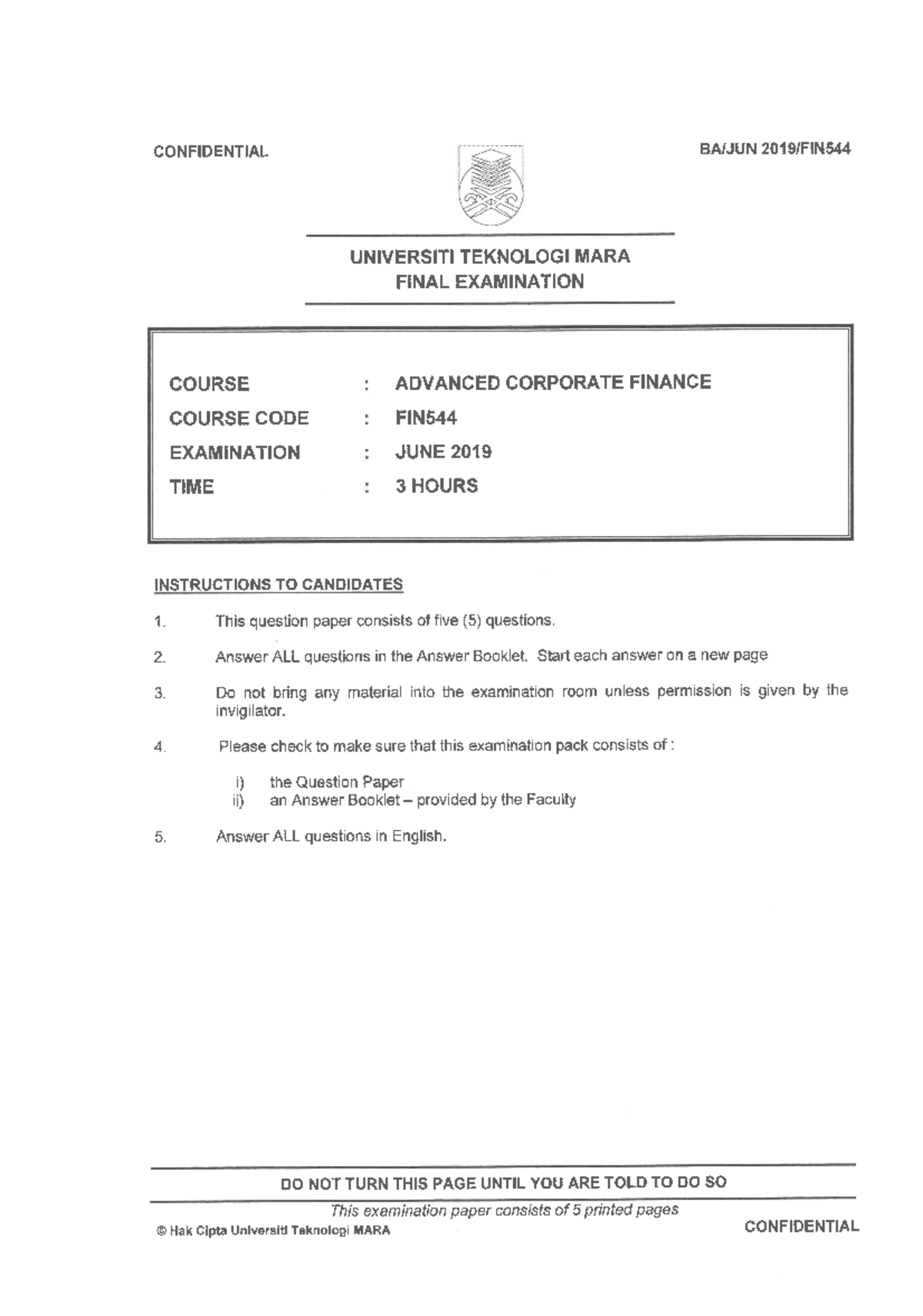 FIN544 June 19 - ..... - financial corporate advance - Studocu