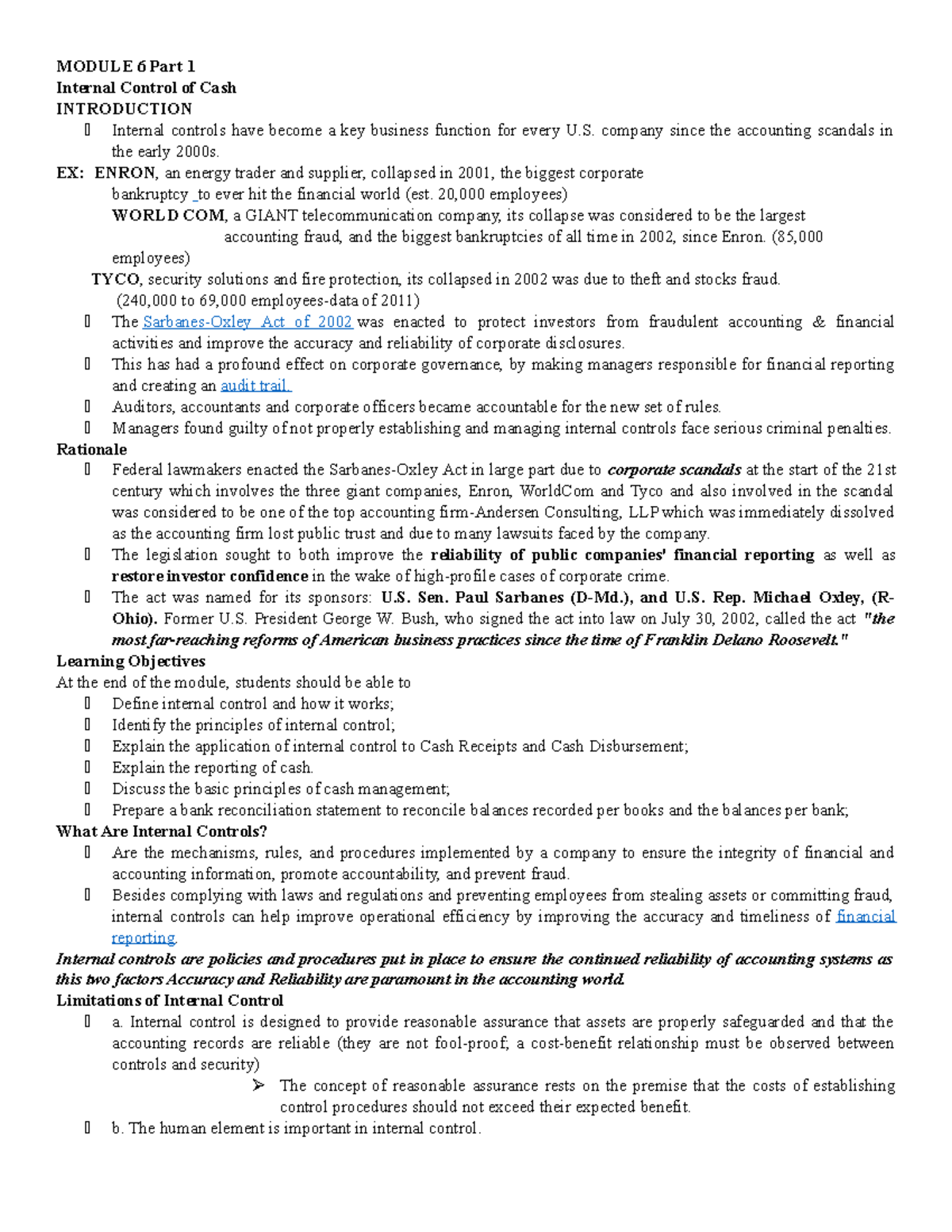 Accounting module - MODULE 6 Part 1 Internal Control of Cash ...