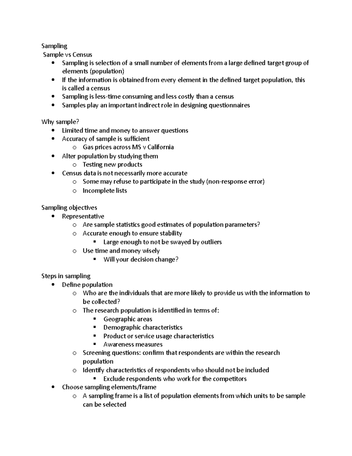 Sampling Notes Mkt 4533 Mississippi State Studocu