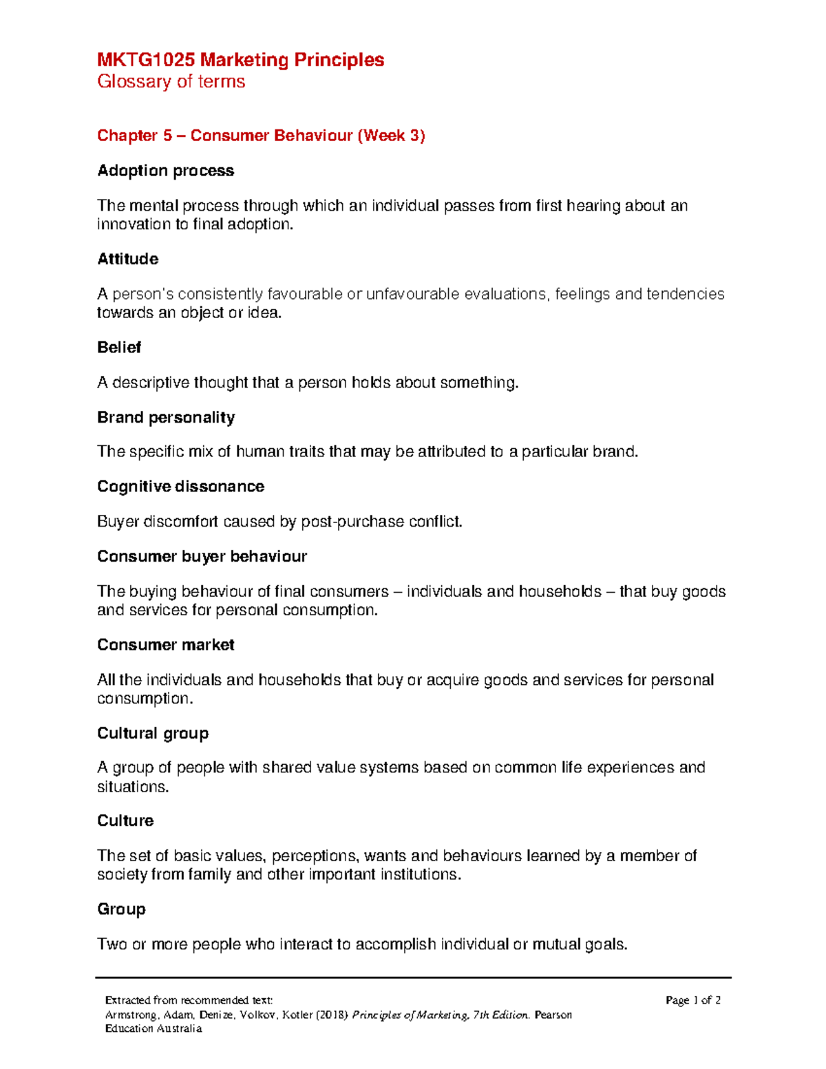 Week 3 Marketing Principles Glossary - MKTG1025 Marketing Principles Glossary of terms Extracted ...