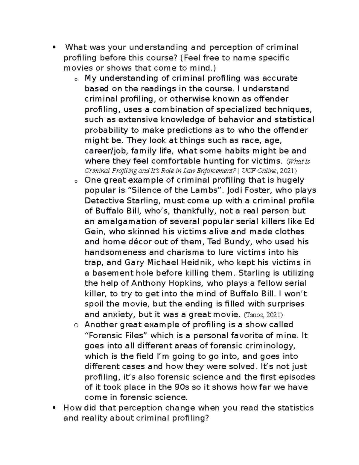 PSY205 6-1 Discussion; Criminal Profiling - What was your understanding ...