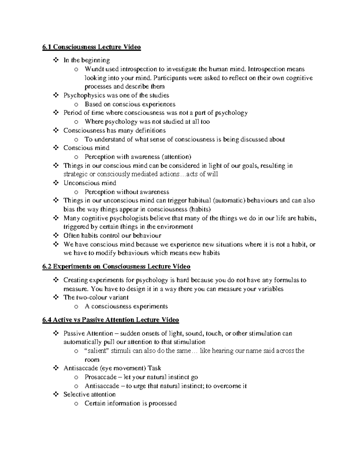 Psya01 chapter 6 notes - 6 Consciousness Lecture Video In the beginning ...