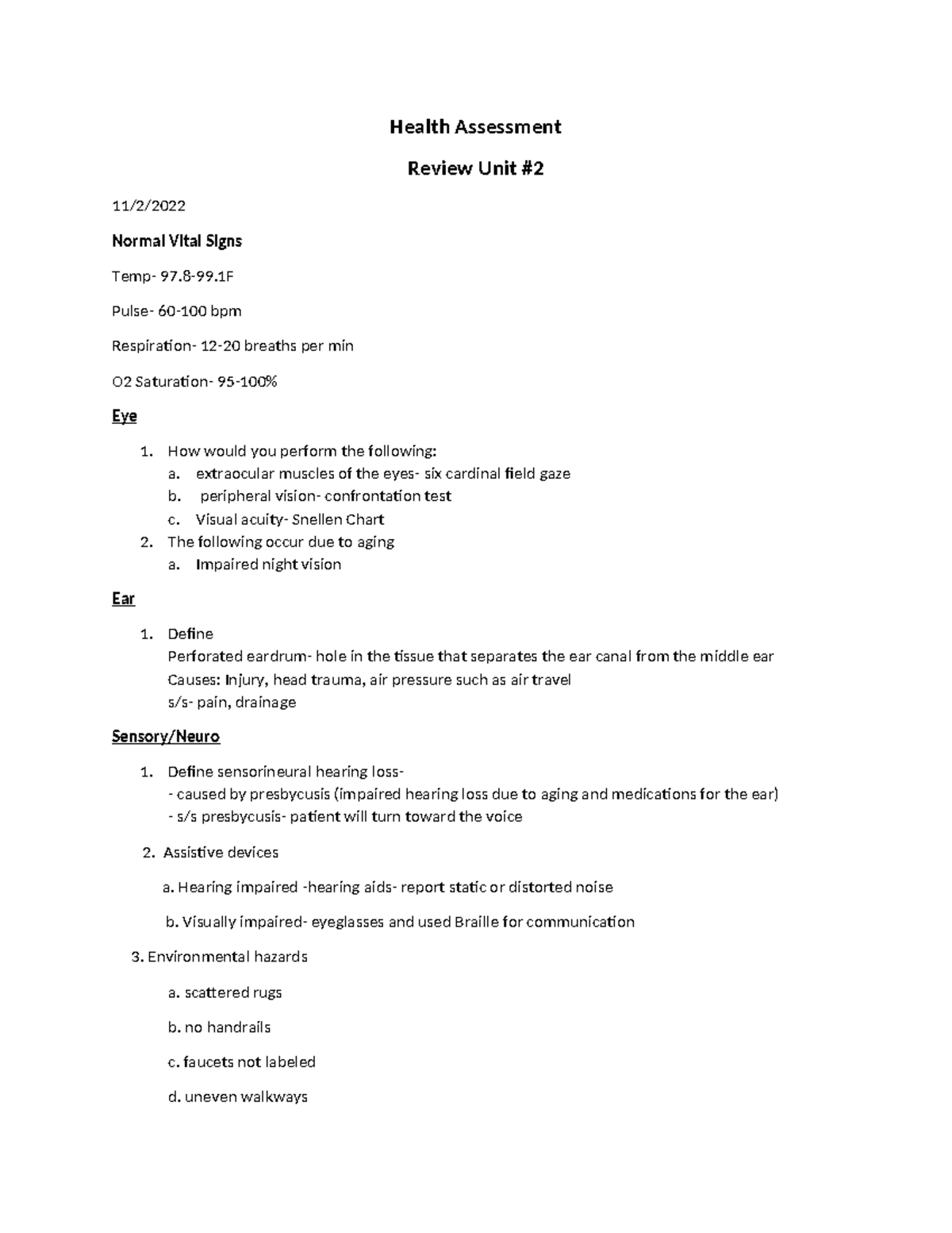 Health Assessment 1 - excellence - Health Assessment Review Unit 11/2 ...