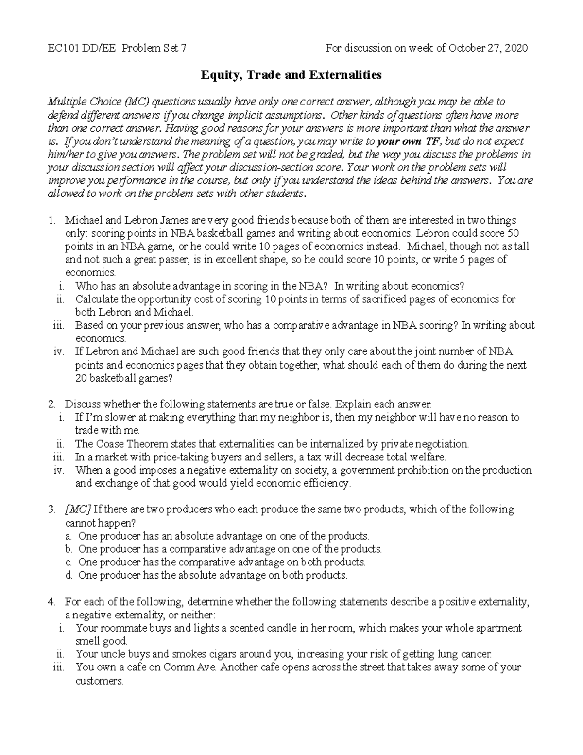 Problem Set 7 - Professor Manove Econ 101 - EC101 DD/EE Problem Set 7 For discussion on week of ...