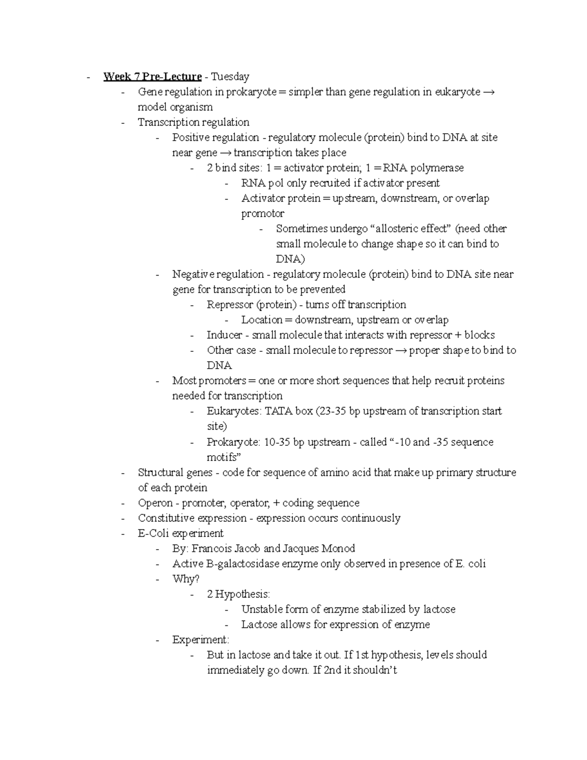 LS7A Reading Summary - Week 7 - Week 7 Pre-Lecture - Tuesday Gene regulation in prokaryote ...