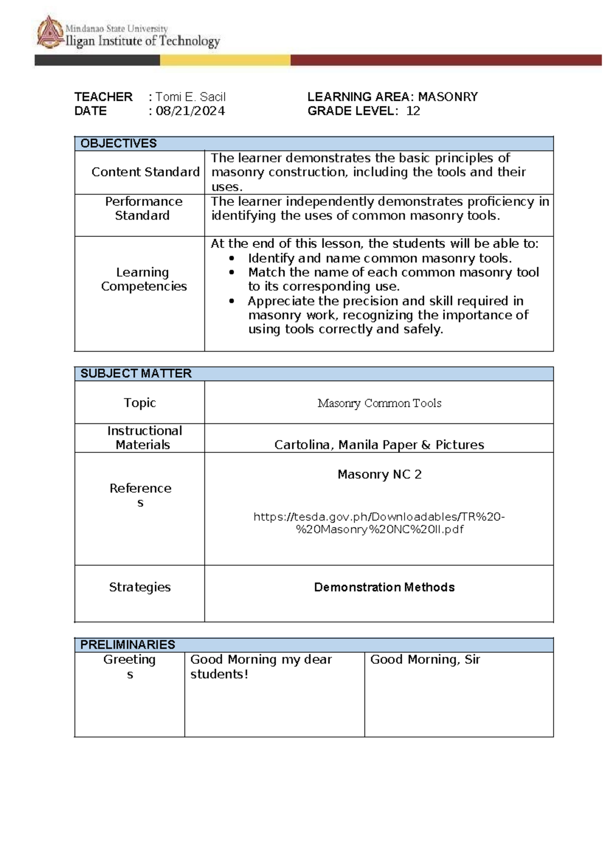 Rohel-plan - lesson plan - TEACHER : Tomi E. Sacil LEARNING AREA ...