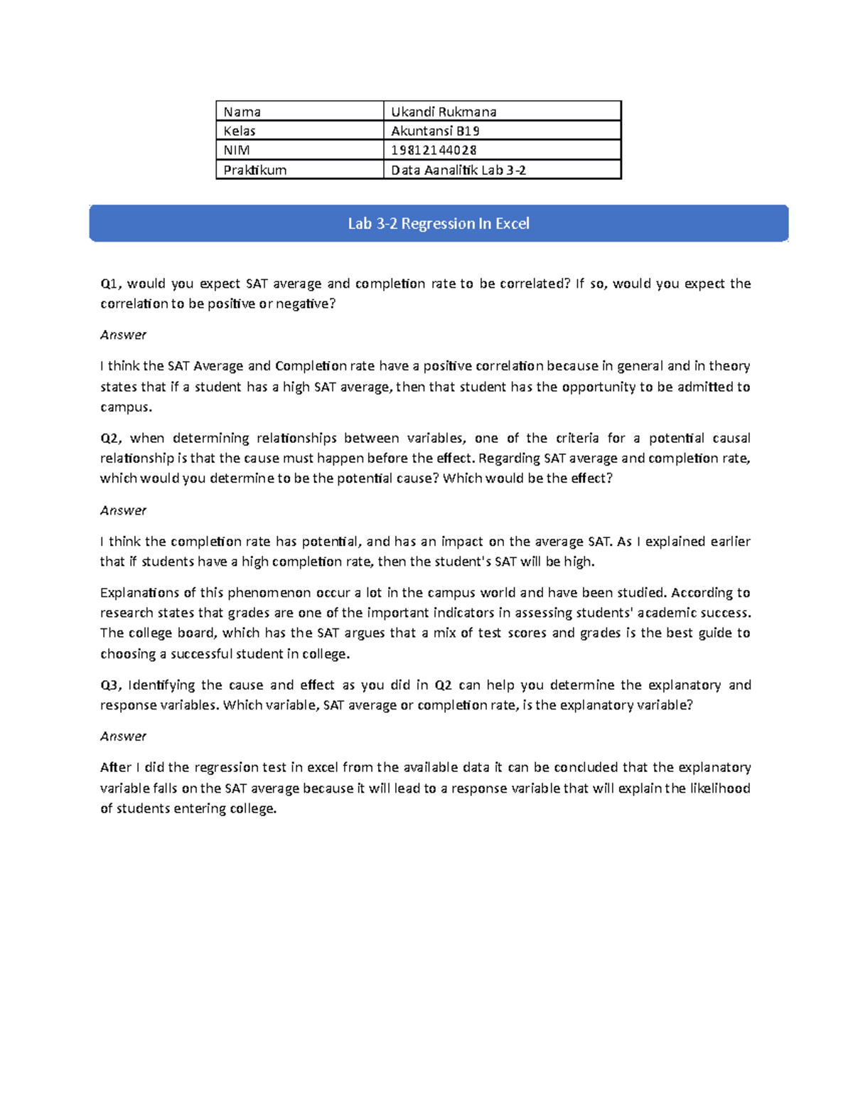 Lab 3-2 Regression in excel Ukandi rukmana ukandirukmana.2019 @student - Nama Ukandi Rukmana ...