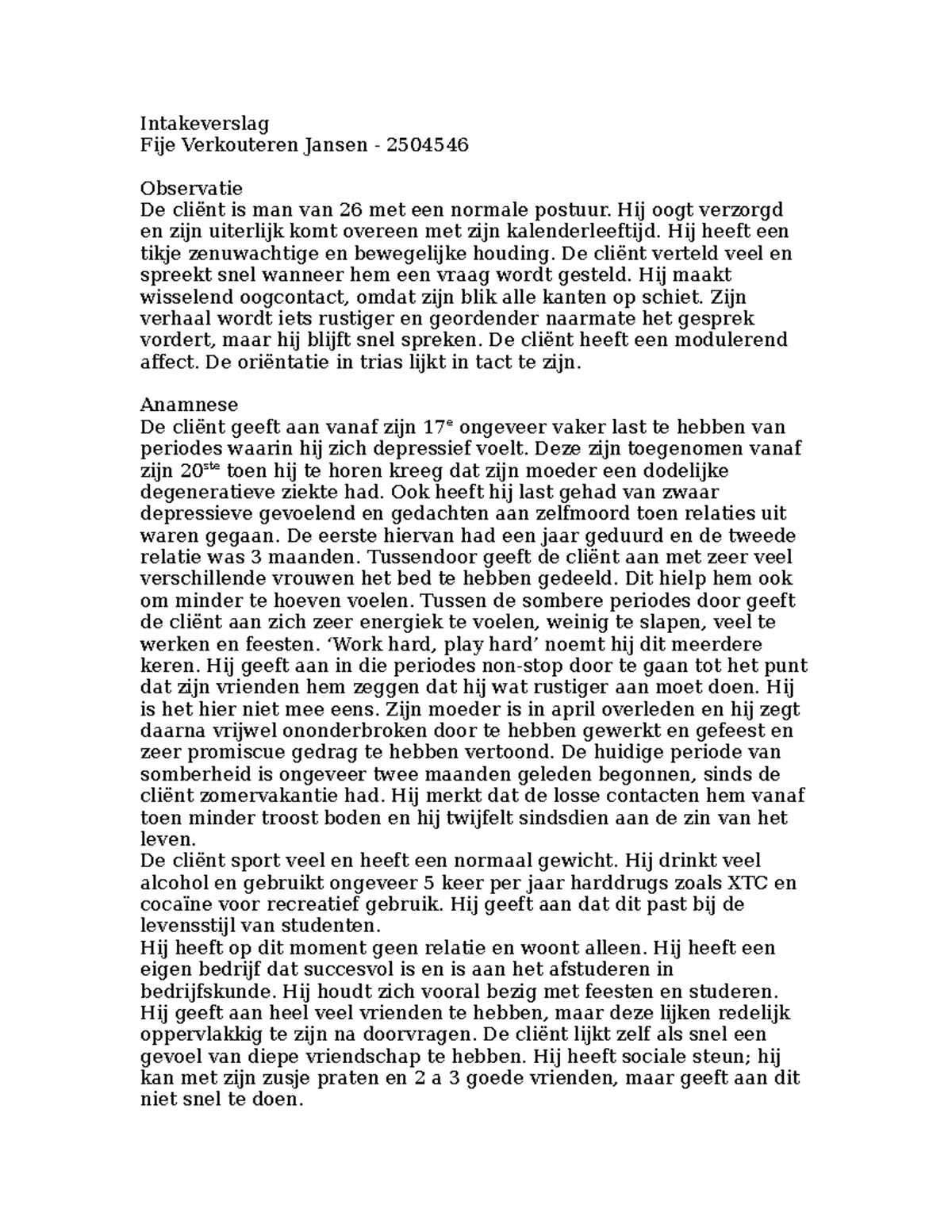 Werkstuk "Voorbeeld intake verslag. " - Intakeverslag Fije Verkouteren ...