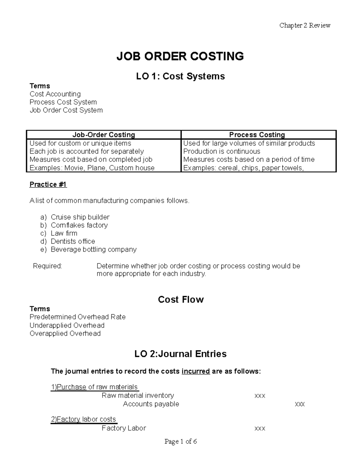 Chapter 2 REV - JOB ORDER COSTING LO 1: Cost Systems Terms Cost ...