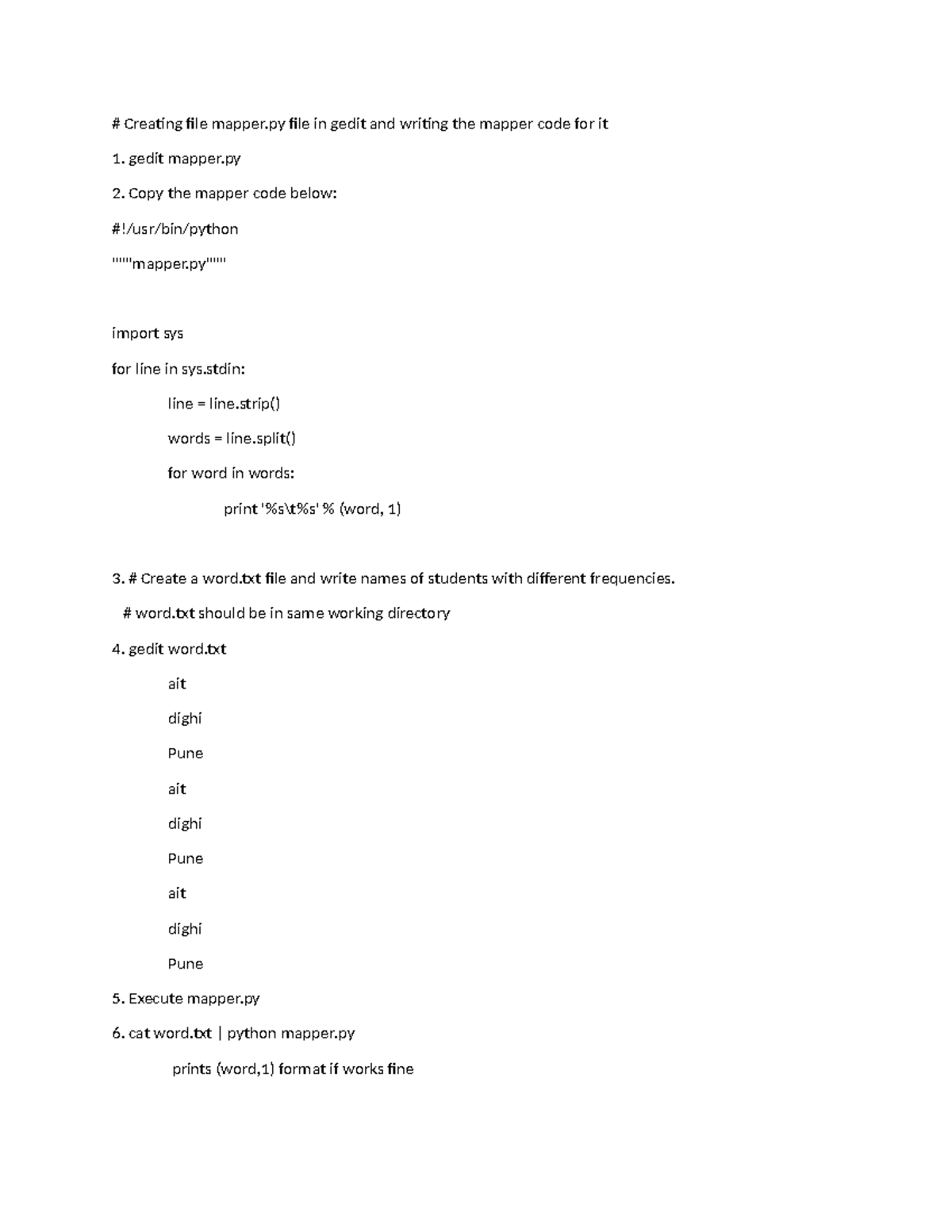 Creating file mapper (1) - word should be in same working directory gedit word ait dighi Pune ...