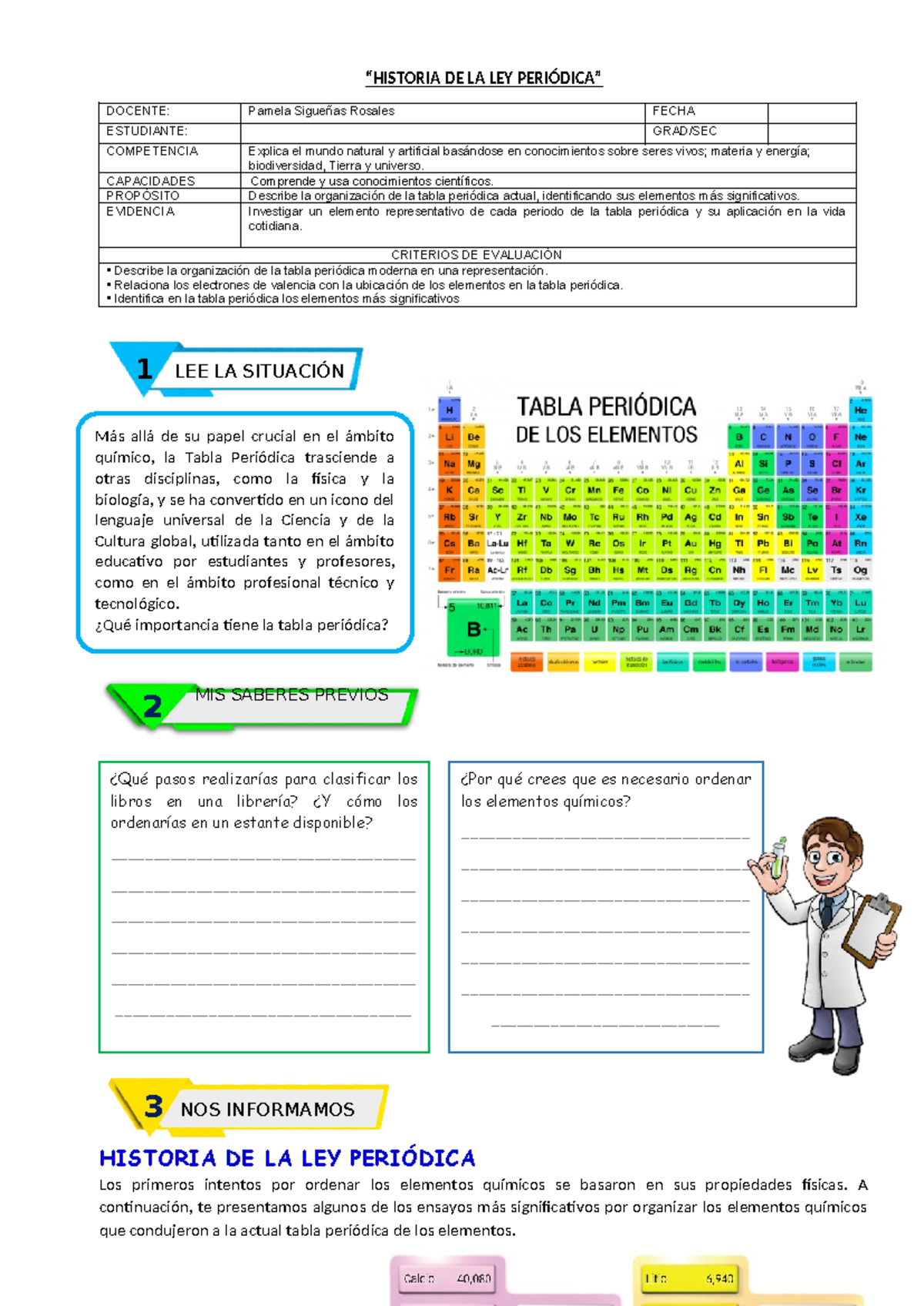 A-3º ACT 1 CYT UND 2- SEM 1 - “HISTORIA DE LA LEY PERIÓDICA” DOCENTE: Pamela Sigueñas Rosales ...