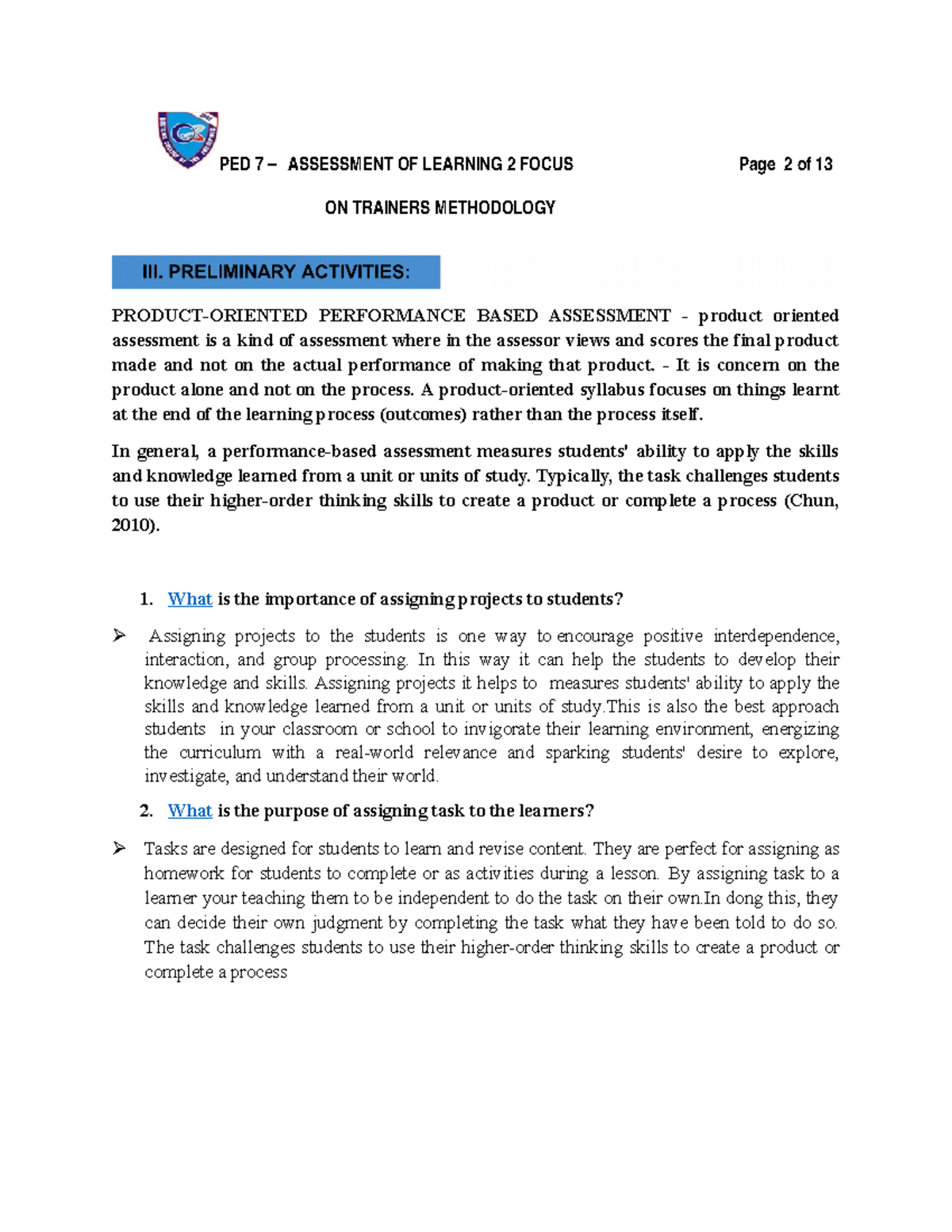 PED 7 Module 4 Preliminary - PED 7 – ASSESSMENT OF LEARNING 2 FOCUS ...