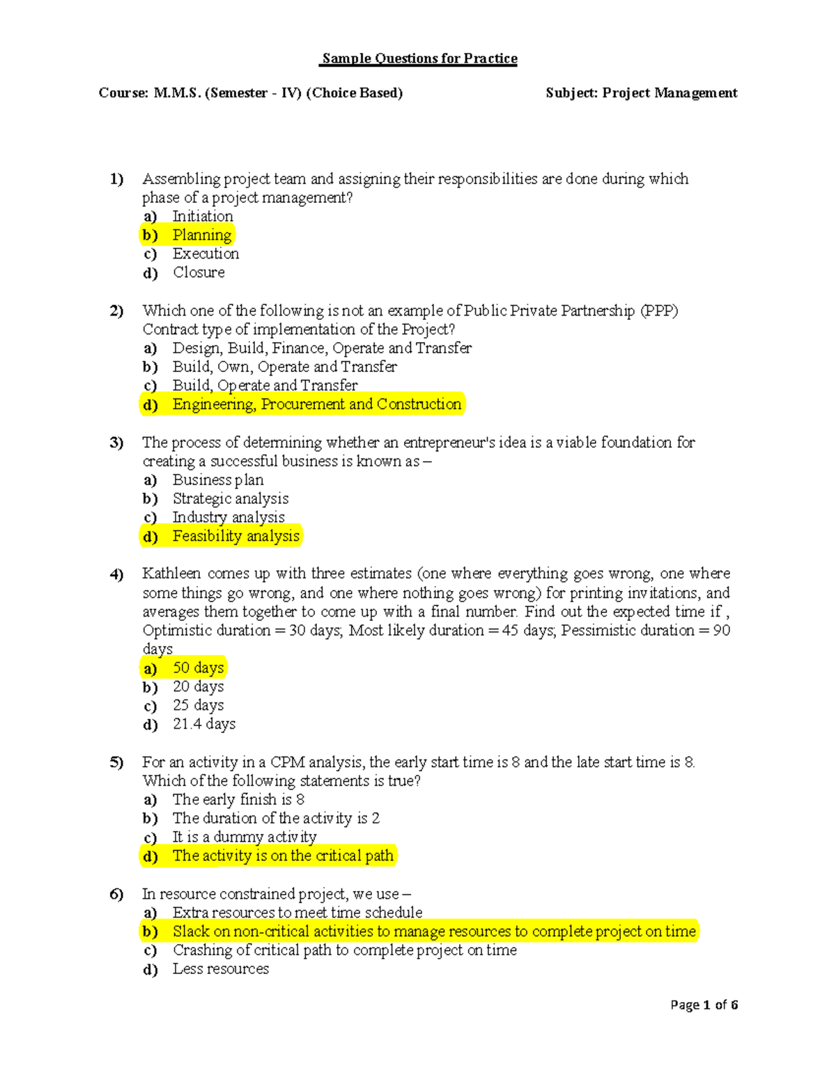 Project Management Sample Questions - Warning: Popup annotation has a ...