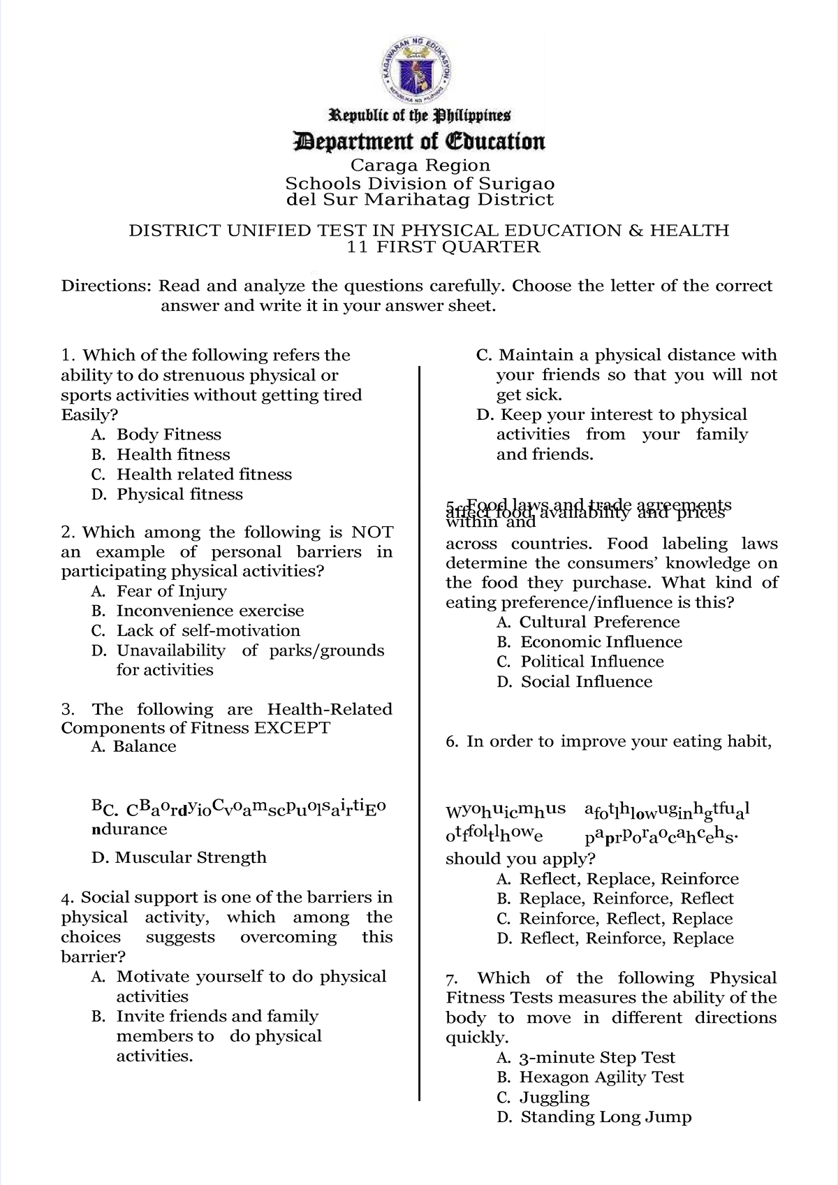 Pdf pe and health 11 first quarter examination - Caraga Region Schools ...