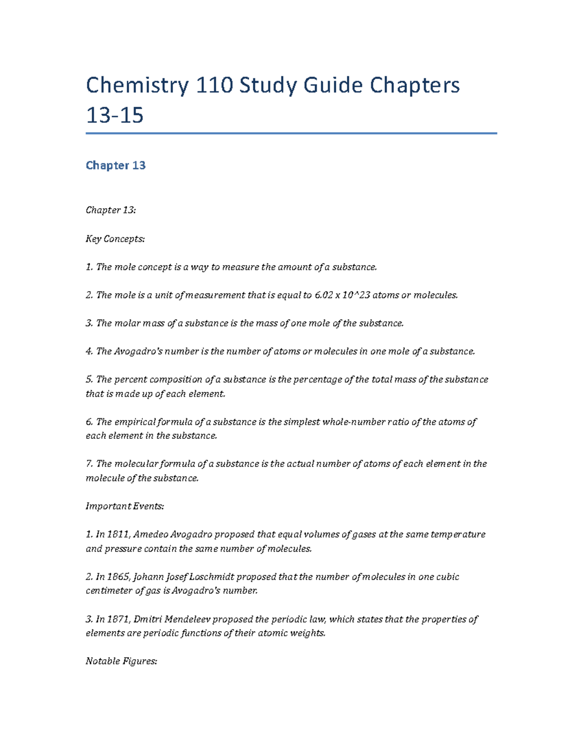 Chemistry 110 Study Guide Chapters 13-15 - Chemistry 110 Study Guide ...