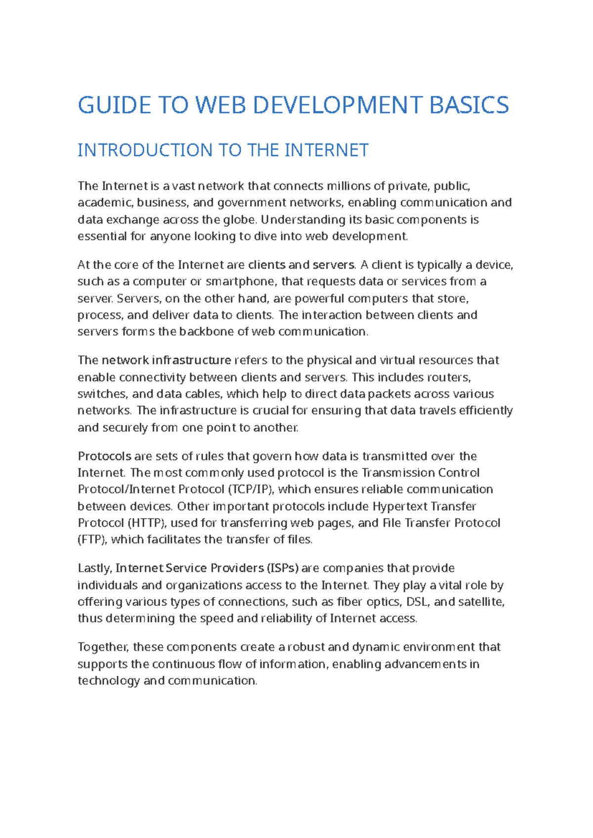 Guide to Web Development Basics - GUIDE TO WEB DEVELOPMENT BASICS INTRODUCTION TO THE INTERNET ...