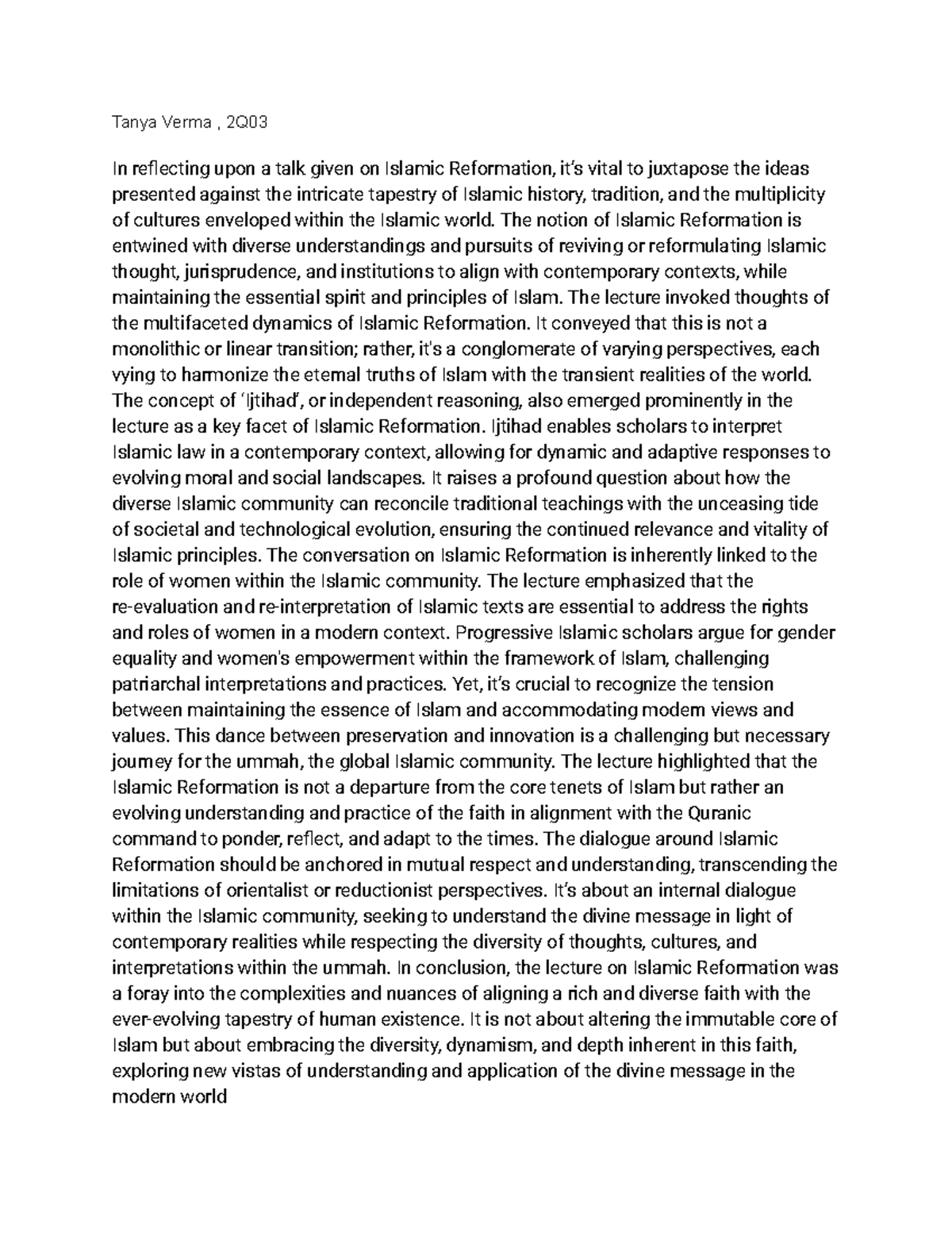 1 page reflection paper - Tanya Verma , 2Q In reflecting upon a talk ...