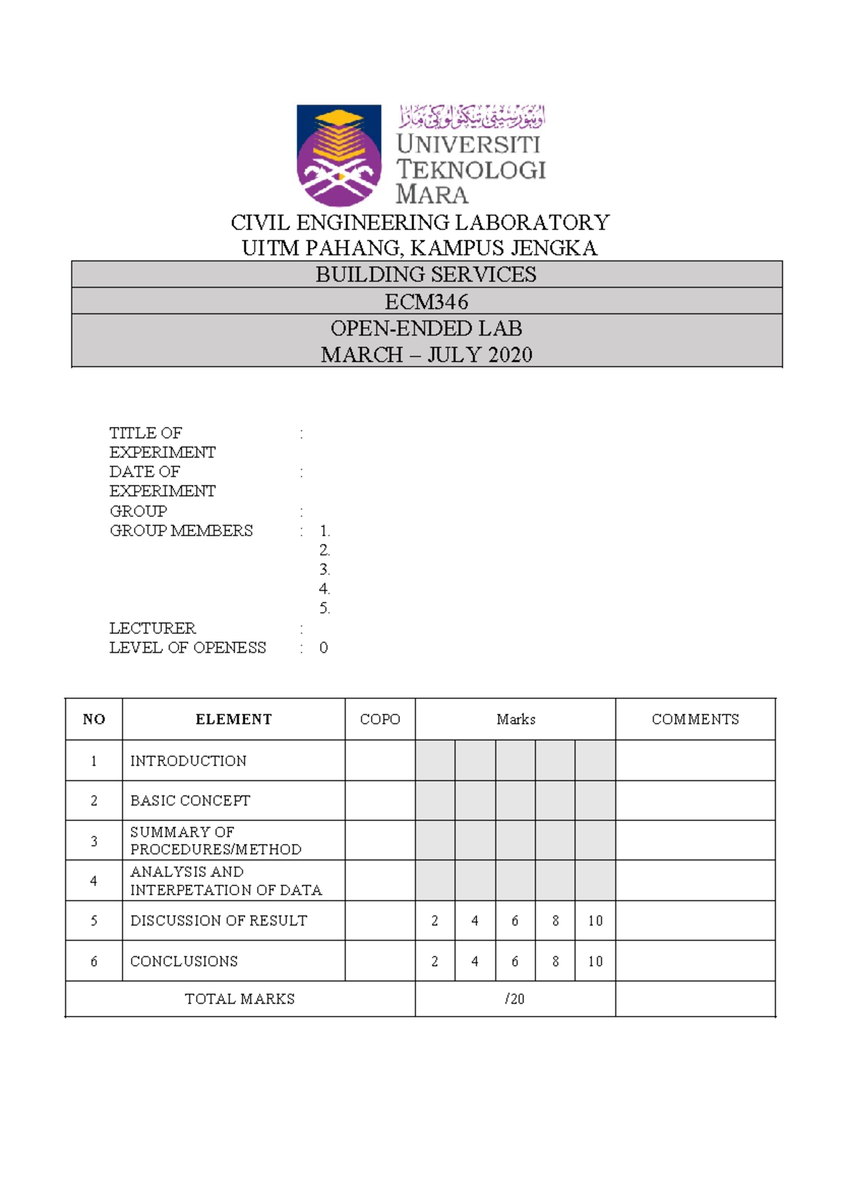 LAB Report Cover & Guideline MAC-JULY 2020 - CIVIL ENGINEERING LABORATORY UITM PAHANG, KAMPUS ...