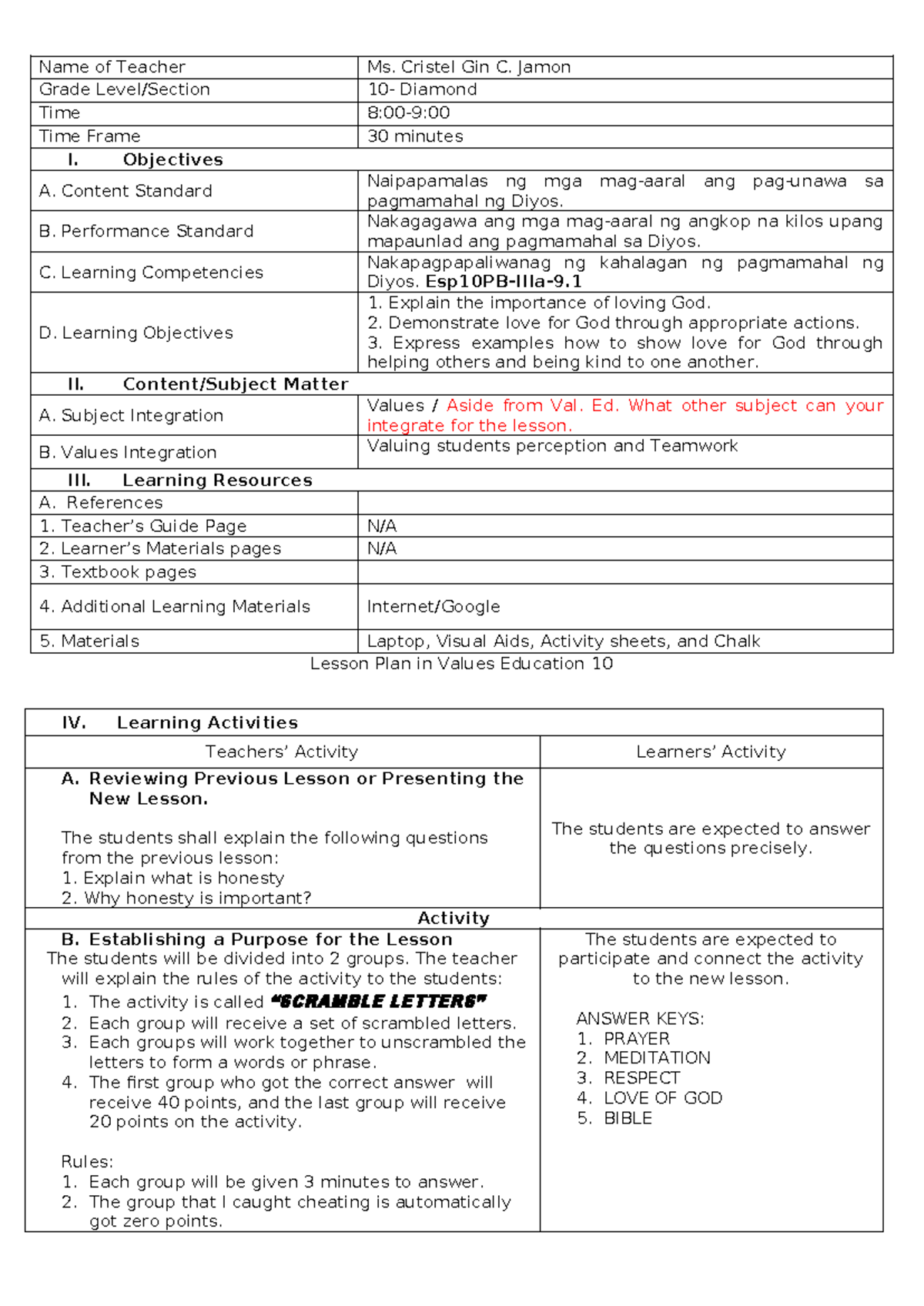 Lesson plan for final demo - Name of Teacher Ms. Cristel Gin C. Jamon Grade Level/Section 10 ...