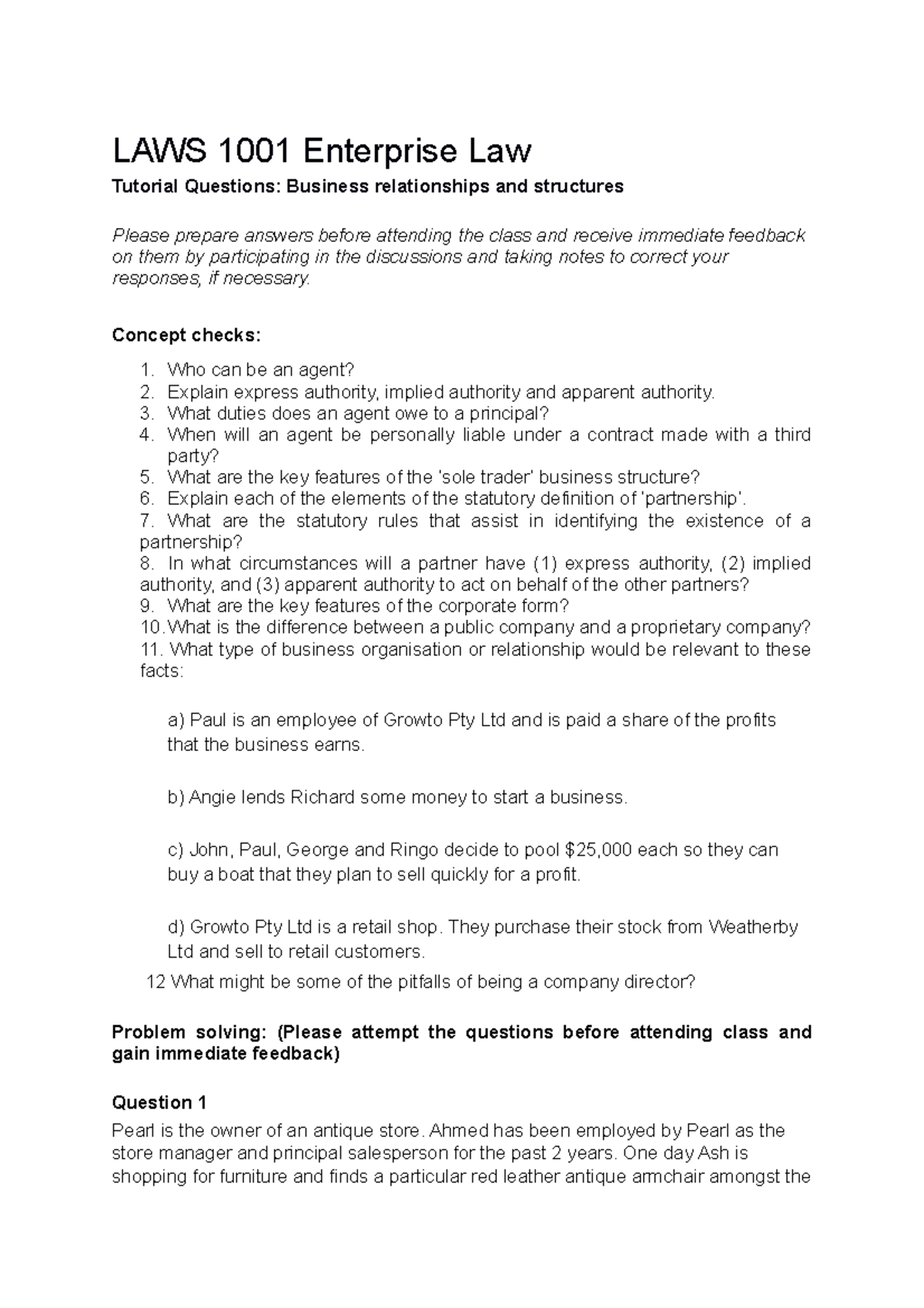 Enterprise Law Tutorial Questions: Business Relationships and ...