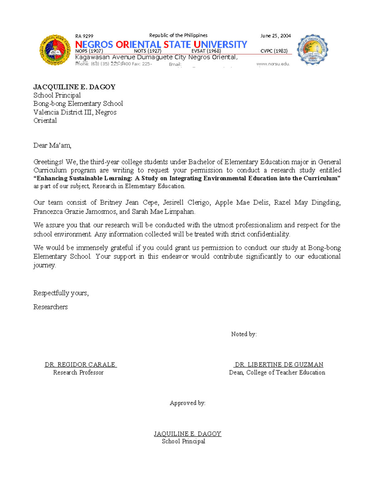 Letter- Research - be careful of the infos - NEGROS ORIENTAL STATE ...