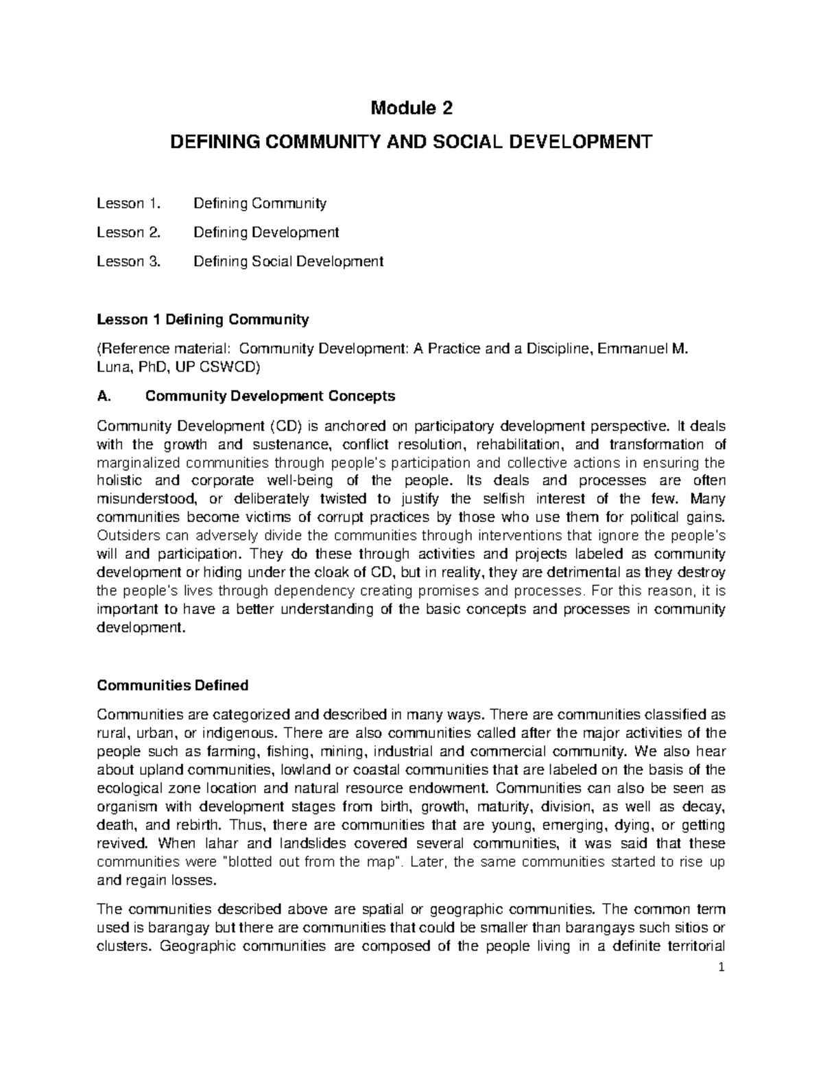 ICSD Module 2 - Module 2 DEFINING COMMUNITY AND SOCIAL DEVELOPMENT ...