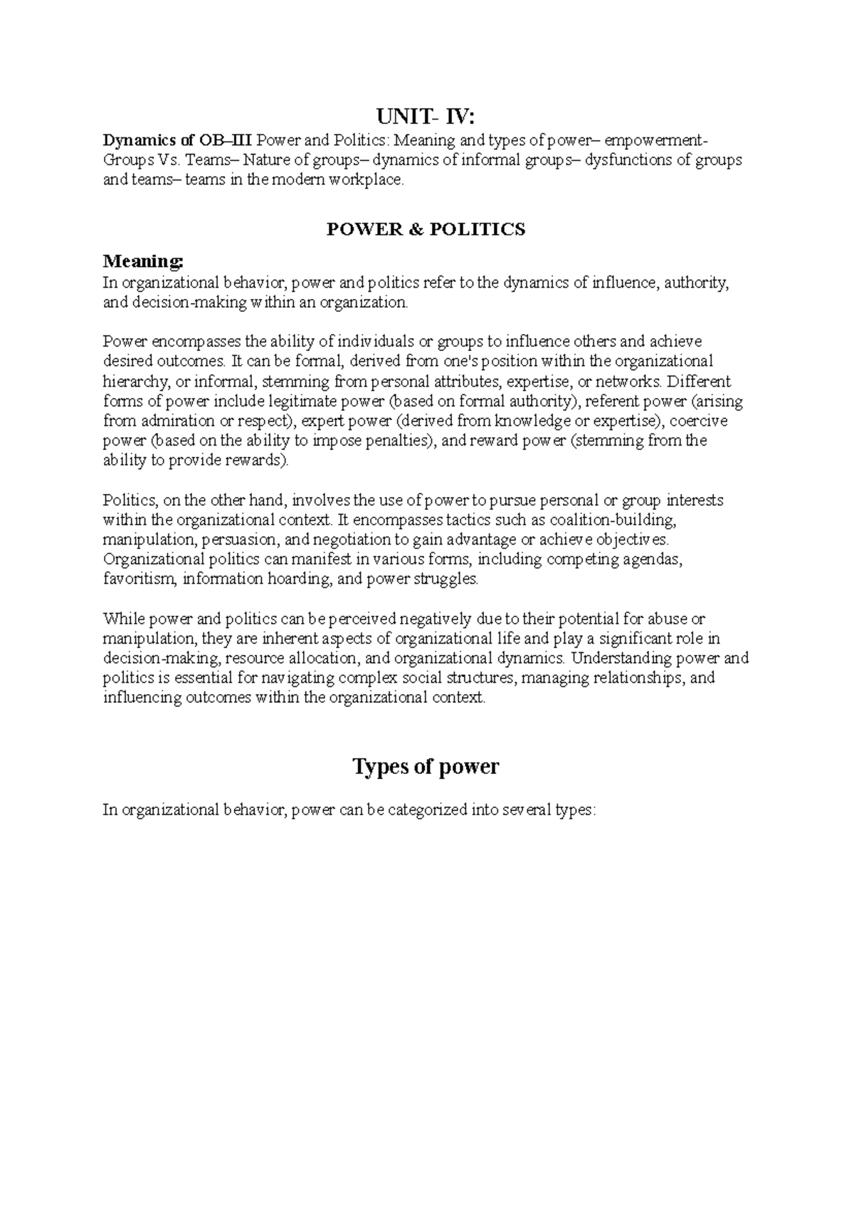 UNIT- IVOB - Notes - UNIT- IV: Dynamics of OB–III Power and Politics ... UNIT- IVOB - Notes - UNIT- IV: Dynamics of OB–III Power and Politics ...