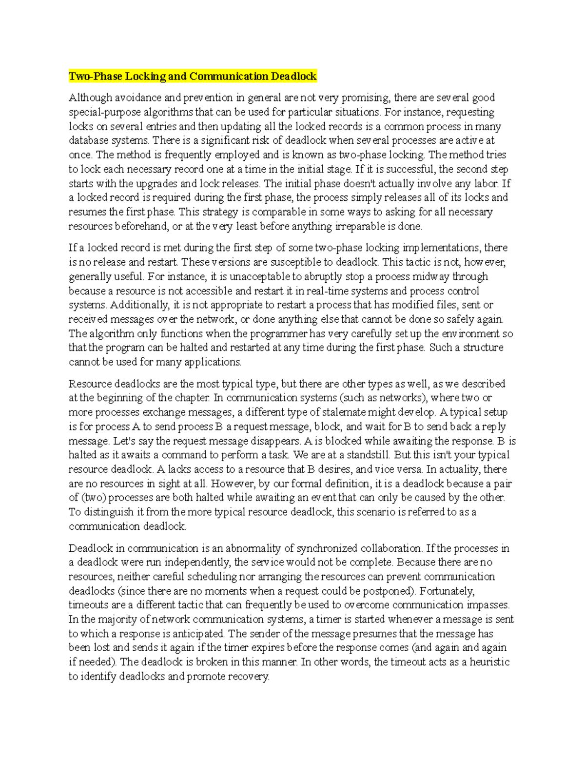 Two-Phase Locking and Communication Deadlock - For instance, requesting ...