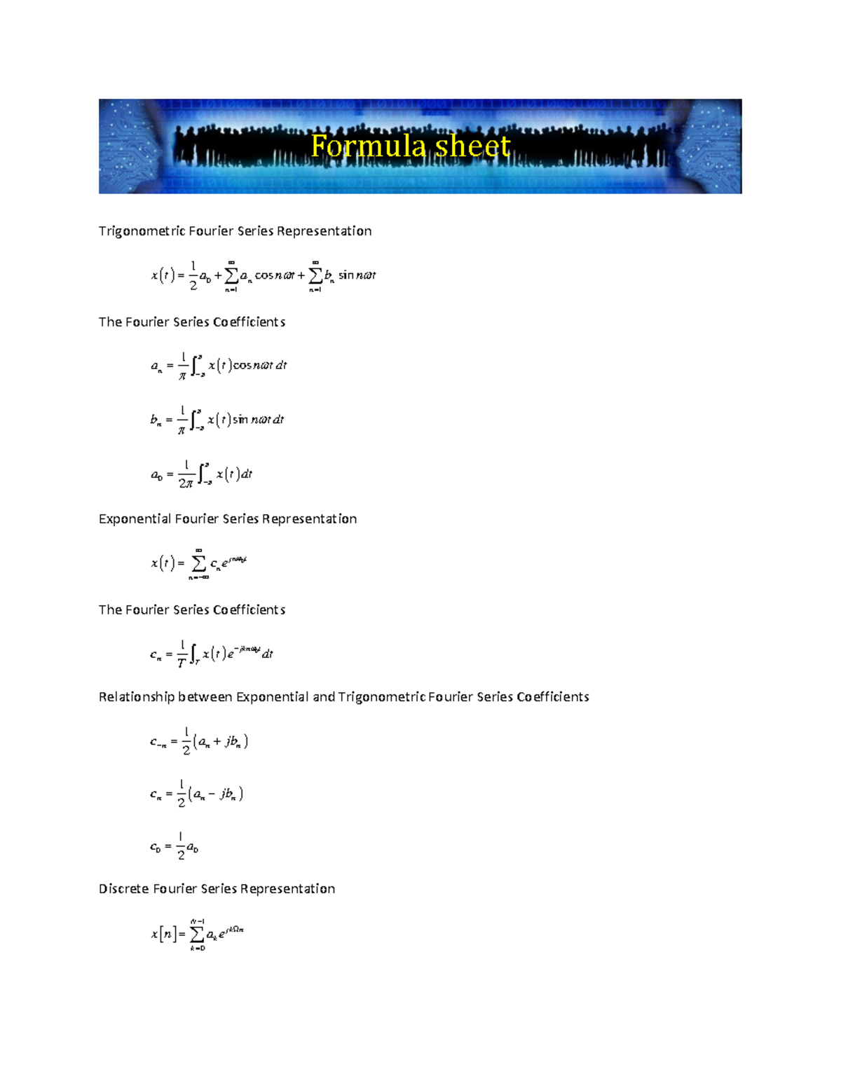 EE 210 Formula Sheet - Formula sheet Trigonometric Fourier Series ...