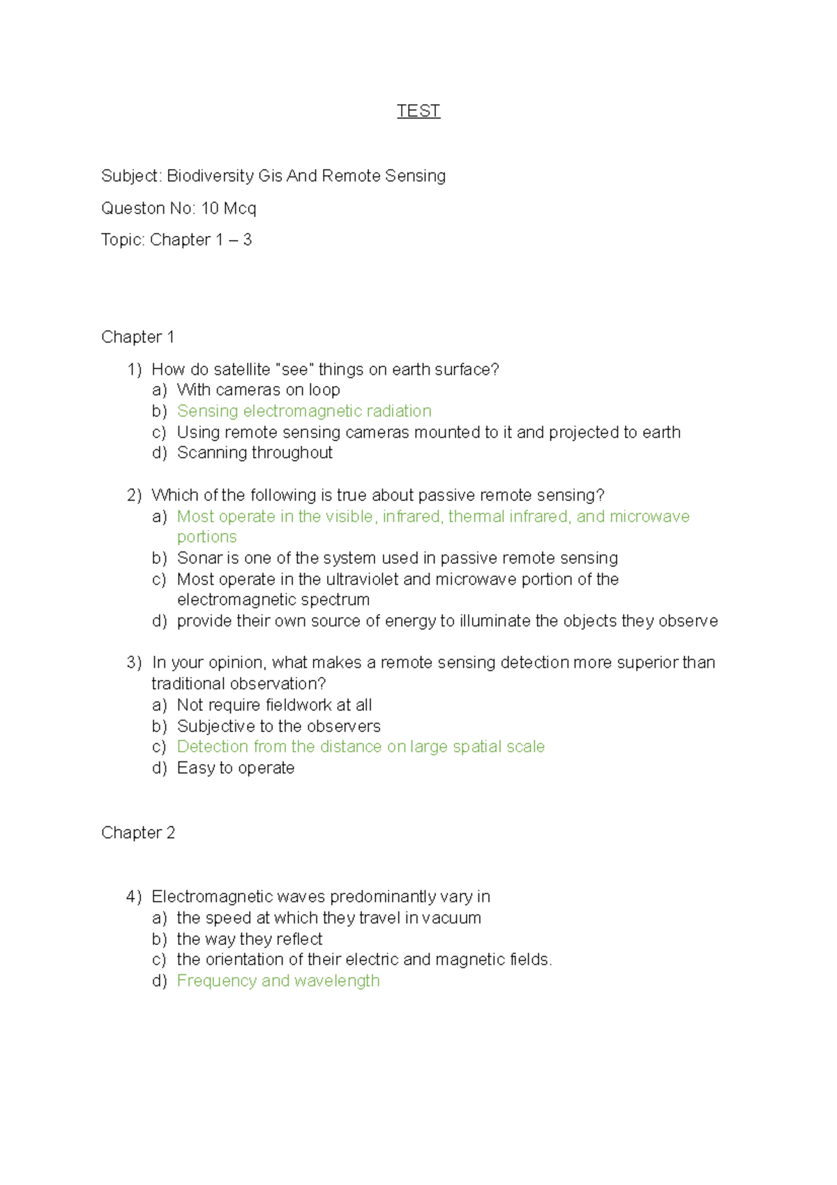 Test - just answer for test - TEST Subject: Biodiversity Gis And Remote ...