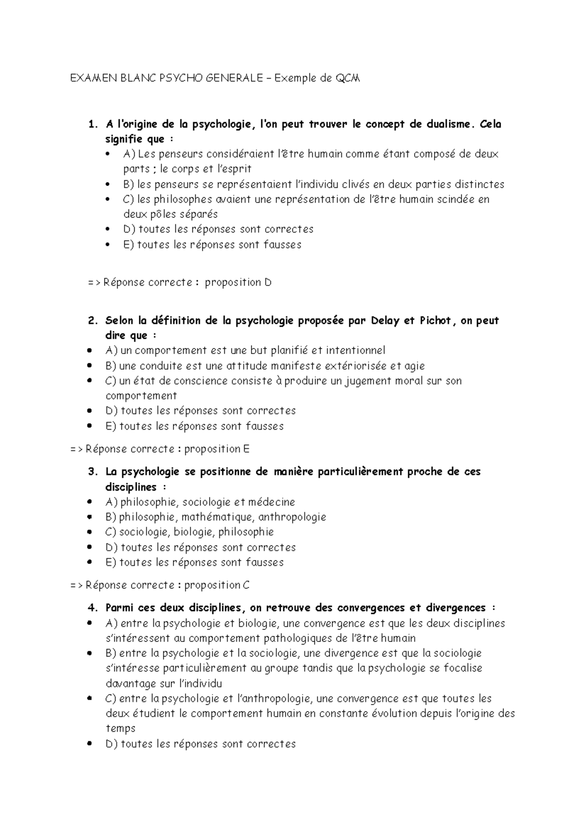 Examen type / pratique 2014, questions - exemple de qcm psycho générale ...