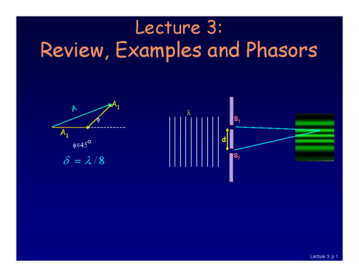 Phasorss - Lecture 3, p 1 Lecture 3: Review, Examples and Phasors S 1 S 2 d λλλλ A 1 A 1 φ A φ ...
