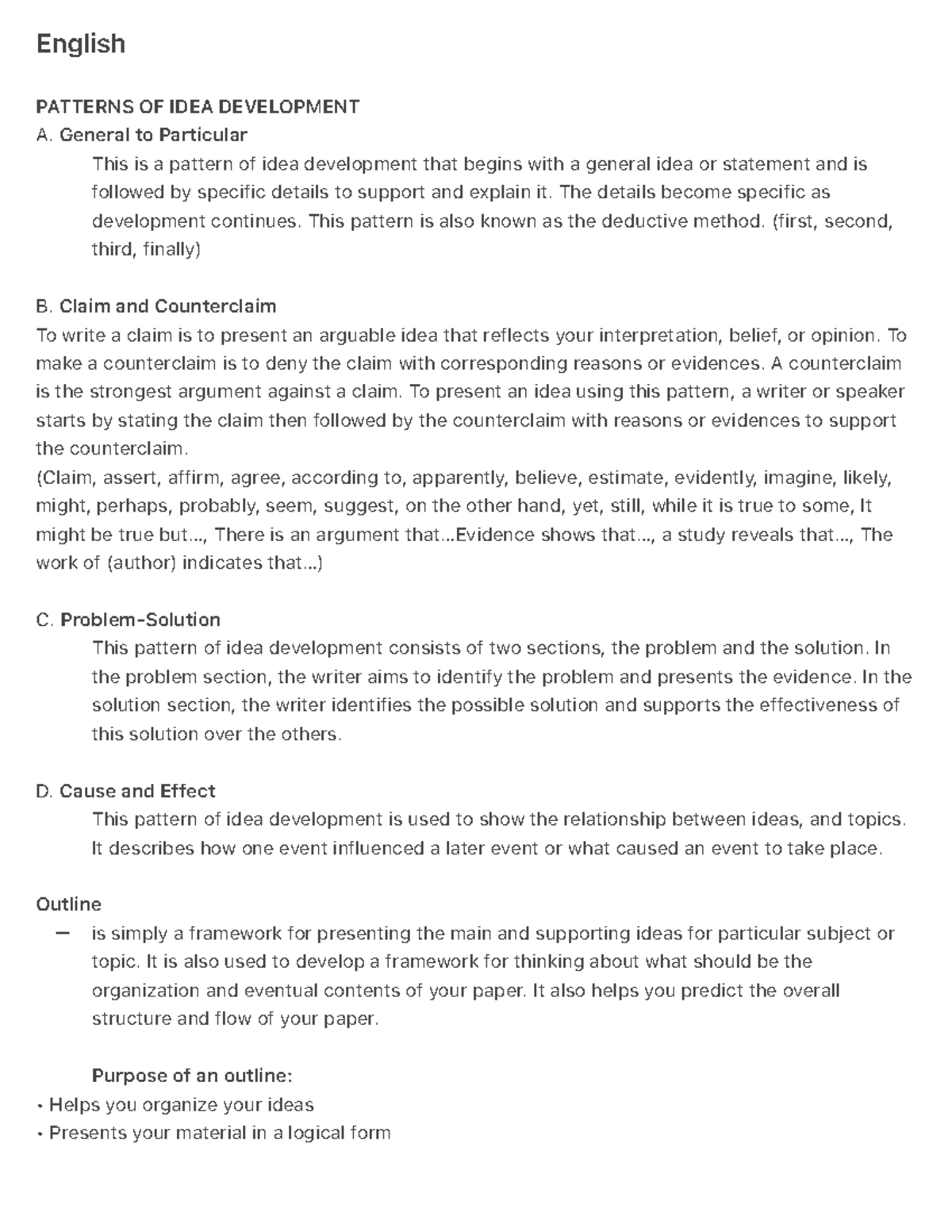 English notes for exam - – English PATTERNS OF IDEA DEVELOPMENT A ...