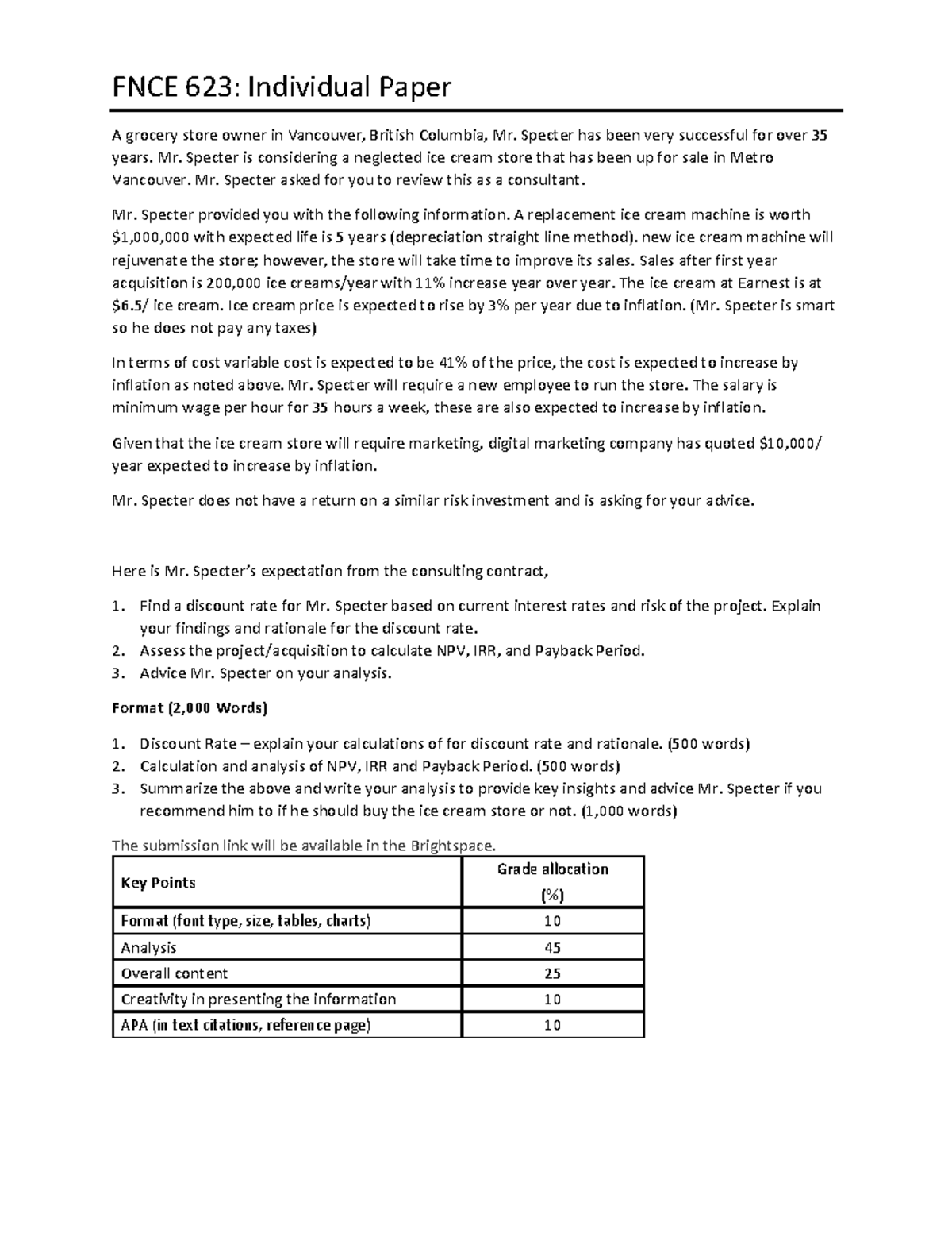 Capital Budgeting Paper - Individual Paper - Fall 23 - FNCE 623 ...