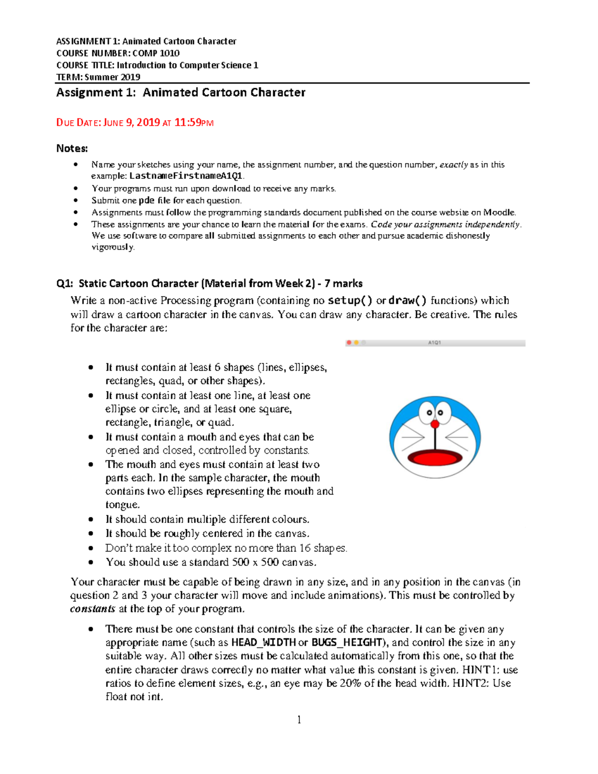 A1 1010 summer 2019 - ASSIGNMENT 1: Animated Cartoon Character COURSE NUMBER: COMP 1010 COURSE ...